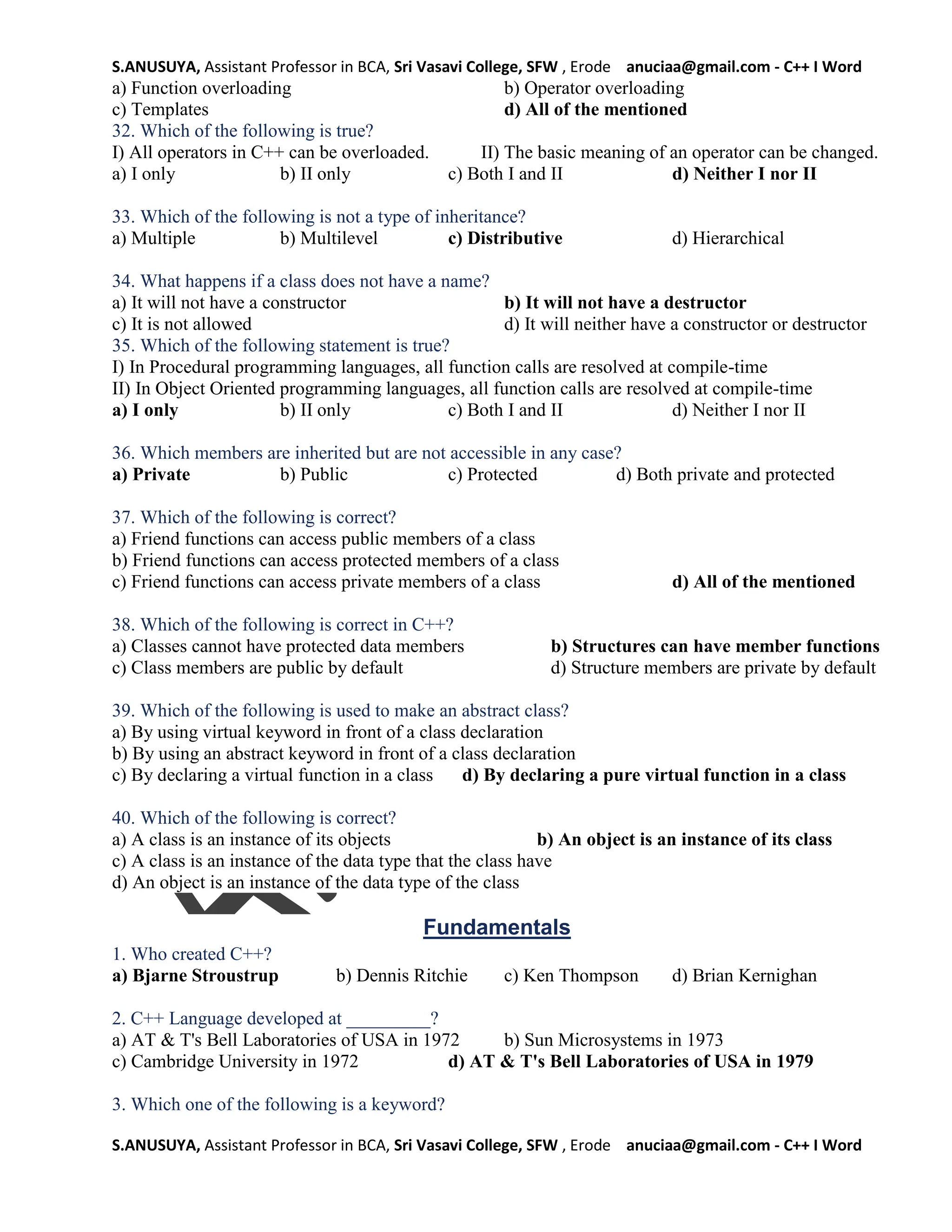 C++ 260 MCQ Question with Answer for all Units | DOCX