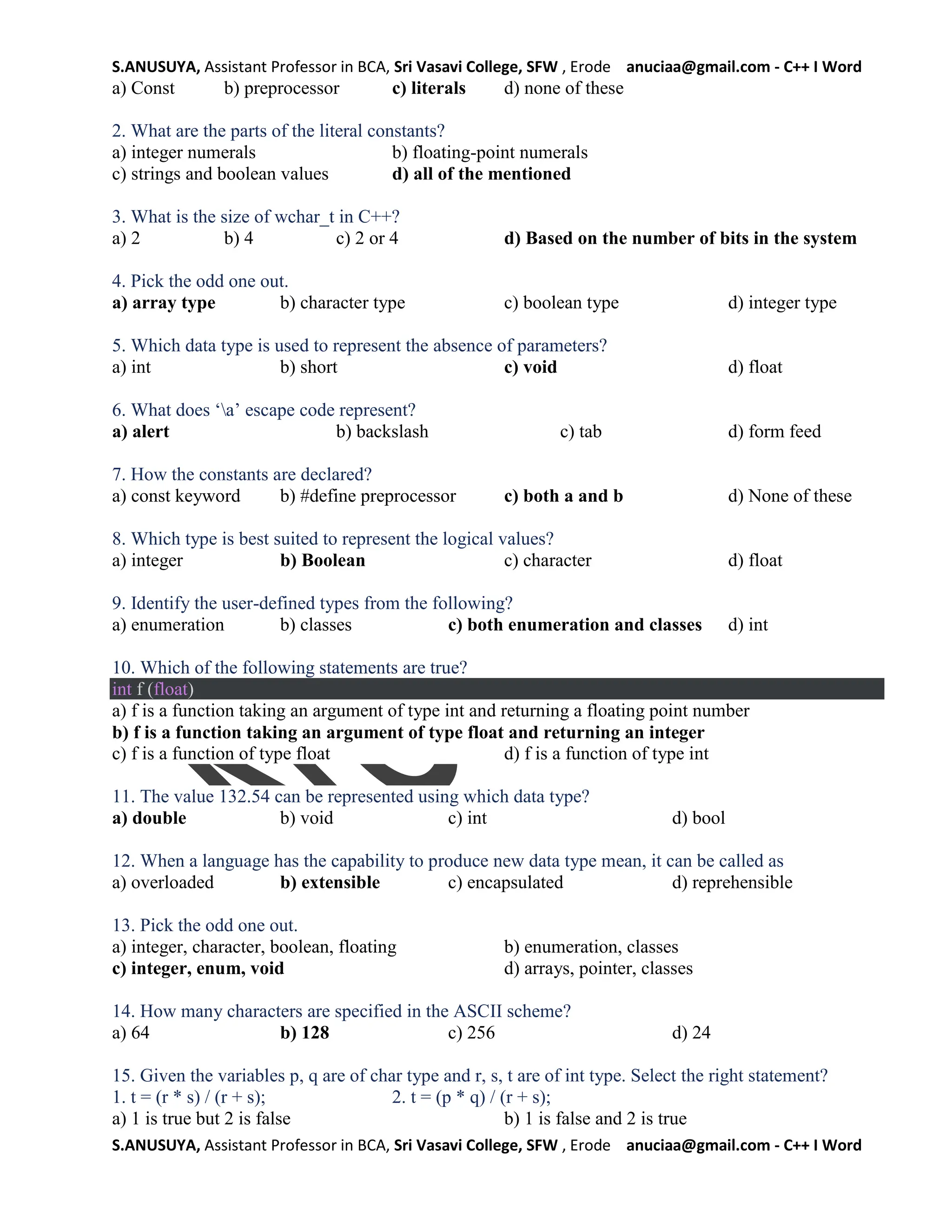 C++ 260 MCQ Question with Answer for all Units | DOCX