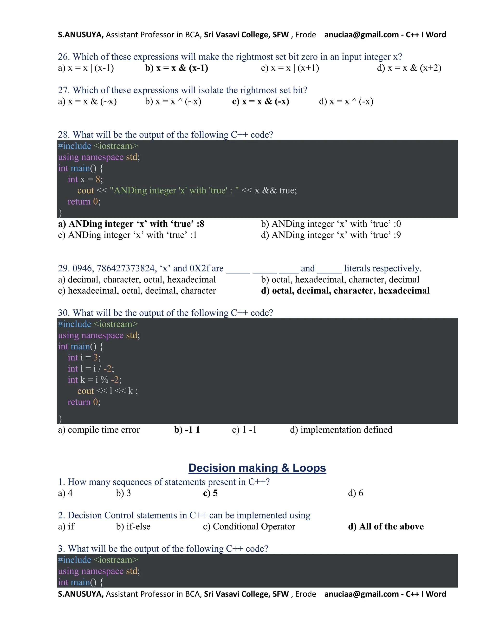 C++ 260 MCQ Question with Answer for all Units | DOCX
