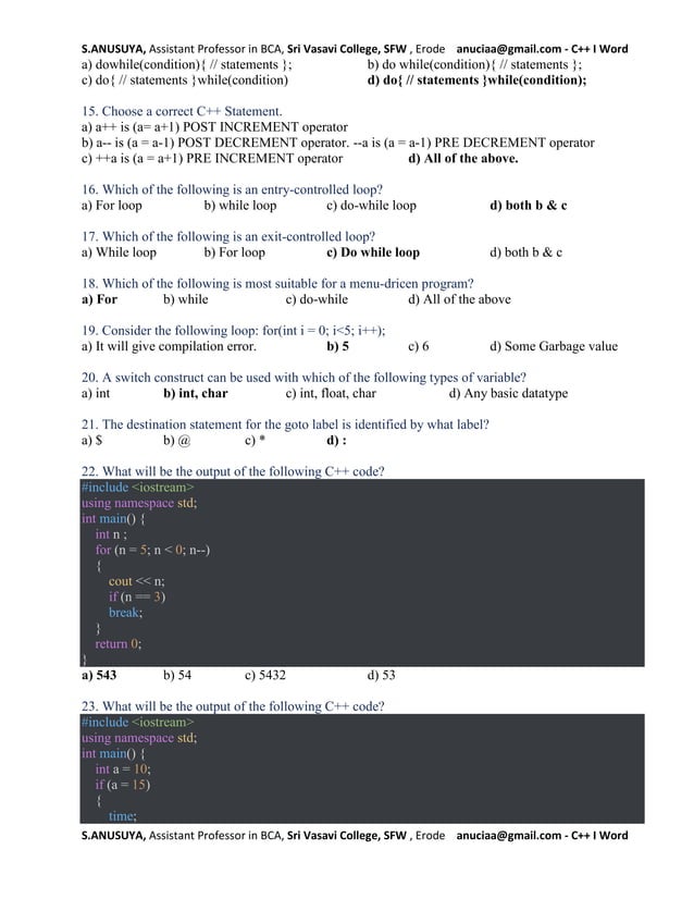 C++ 260 MCQ Question with Answer for all Units | DOCX