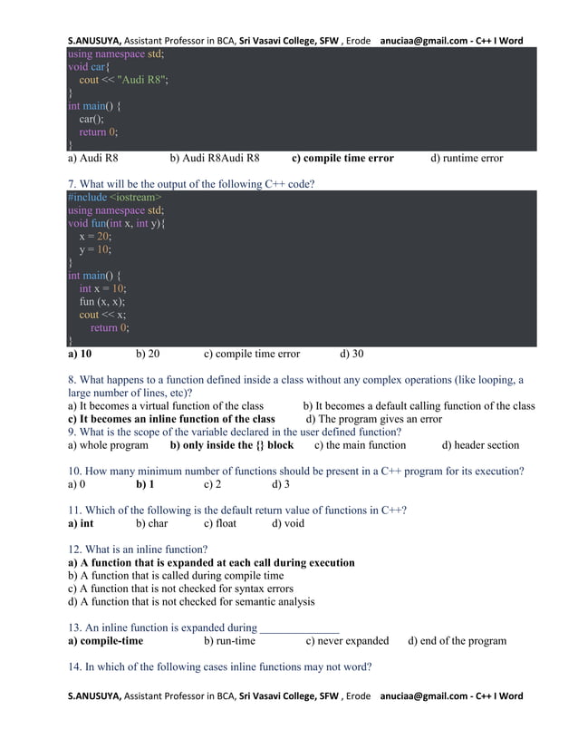 C++ 260 MCQ Question with Answer for all Units | DOCX