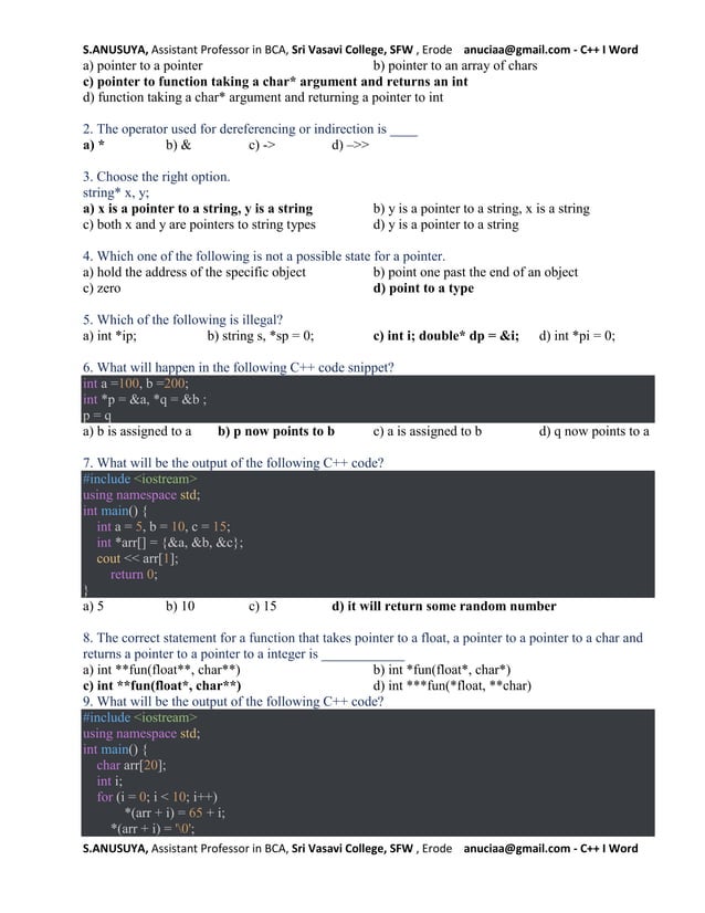 C++ 260 MCQ Question with Answer for all Units | DOCX
