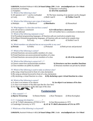 C++ 260 MCQ Question with Answer for all Units | DOCX