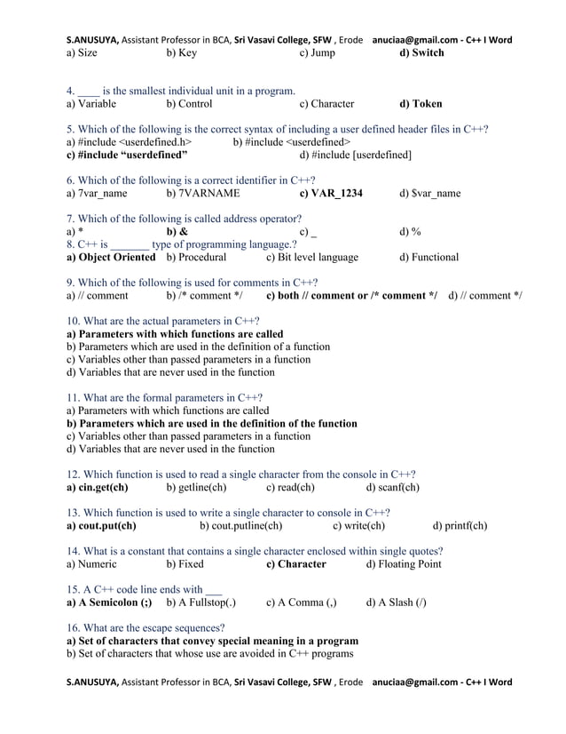 C++ 260 MCQ Question with Answer for all Units | DOCX