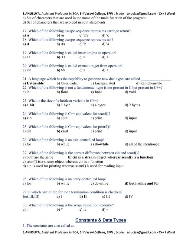 C++ 260 MCQ Question with Answer for all Units | DOCX