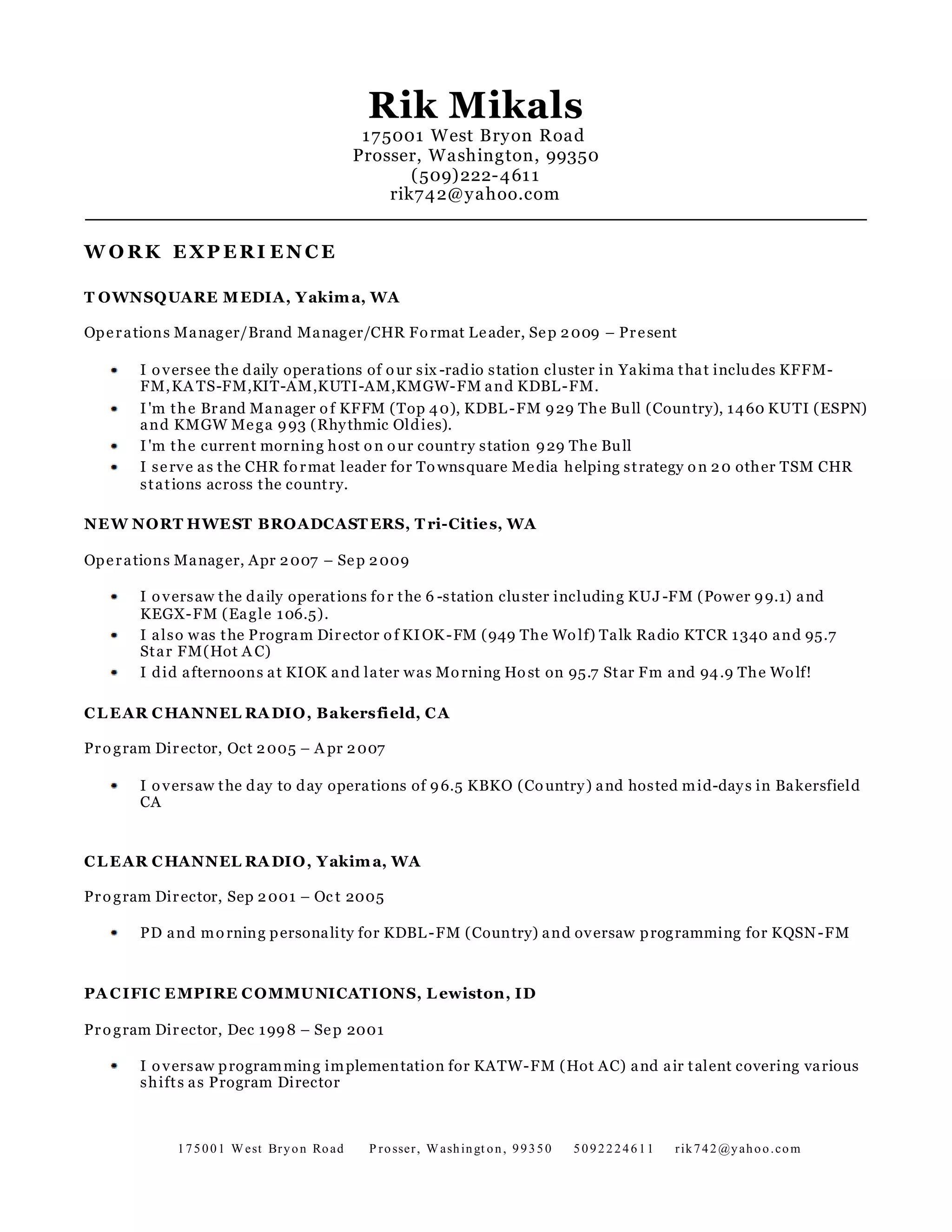 Rik Mikals Resume | DOCX | Public Radio | Talk Radio