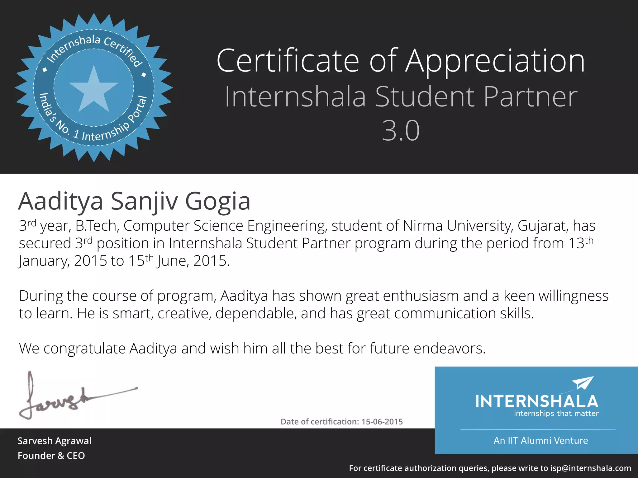Internshala Student Partner 3.0 Certificate | PDF