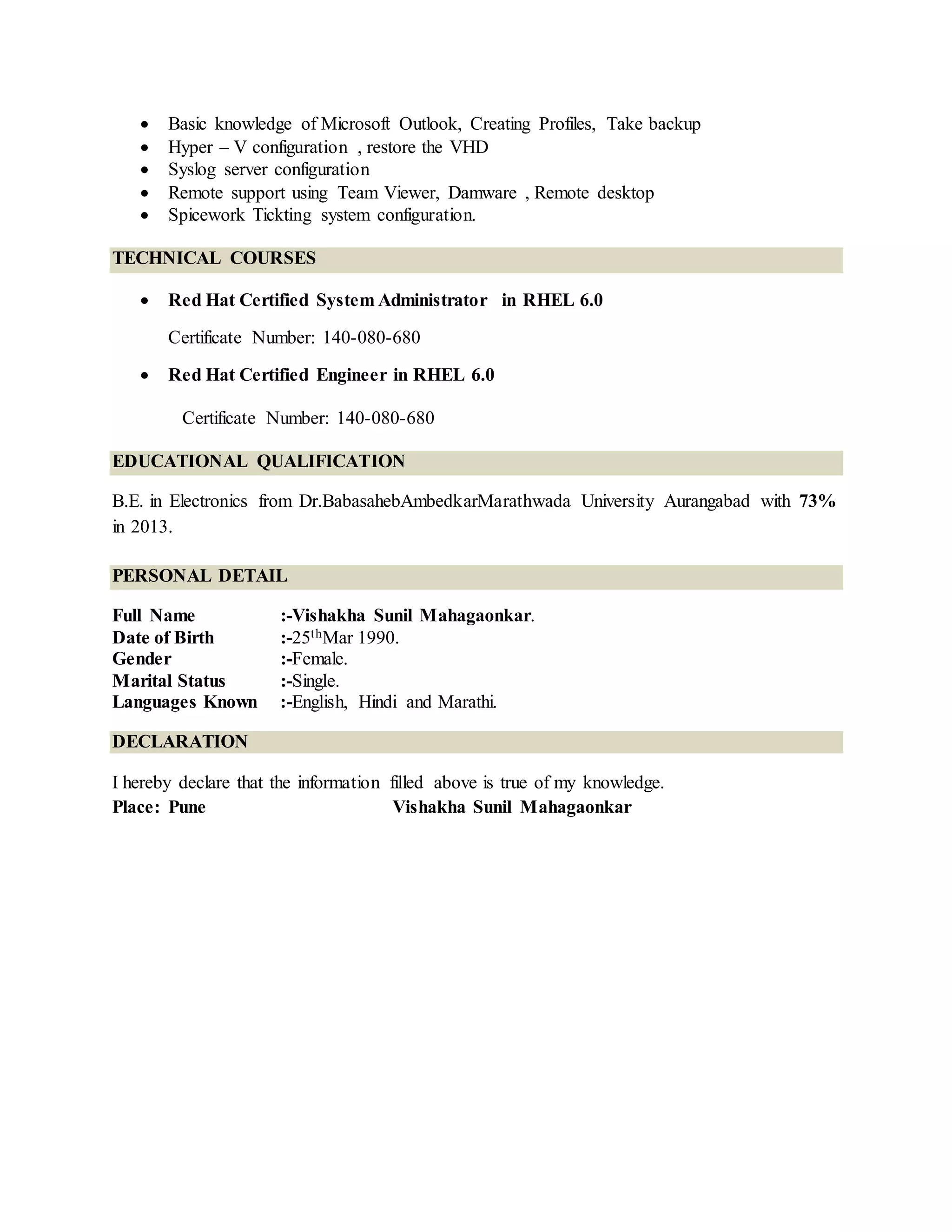 Vishakha Resume-1 | DOCX | Operating Systems | Computer Software and Applications