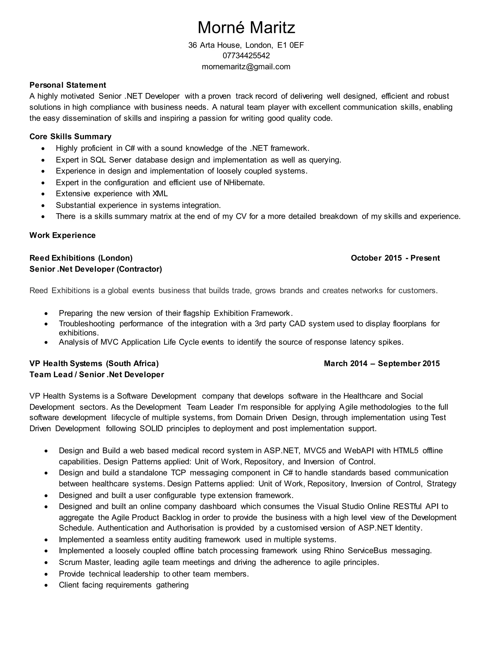 Morne Maritz CV | DOCX | Computer Software and Applications | Computing