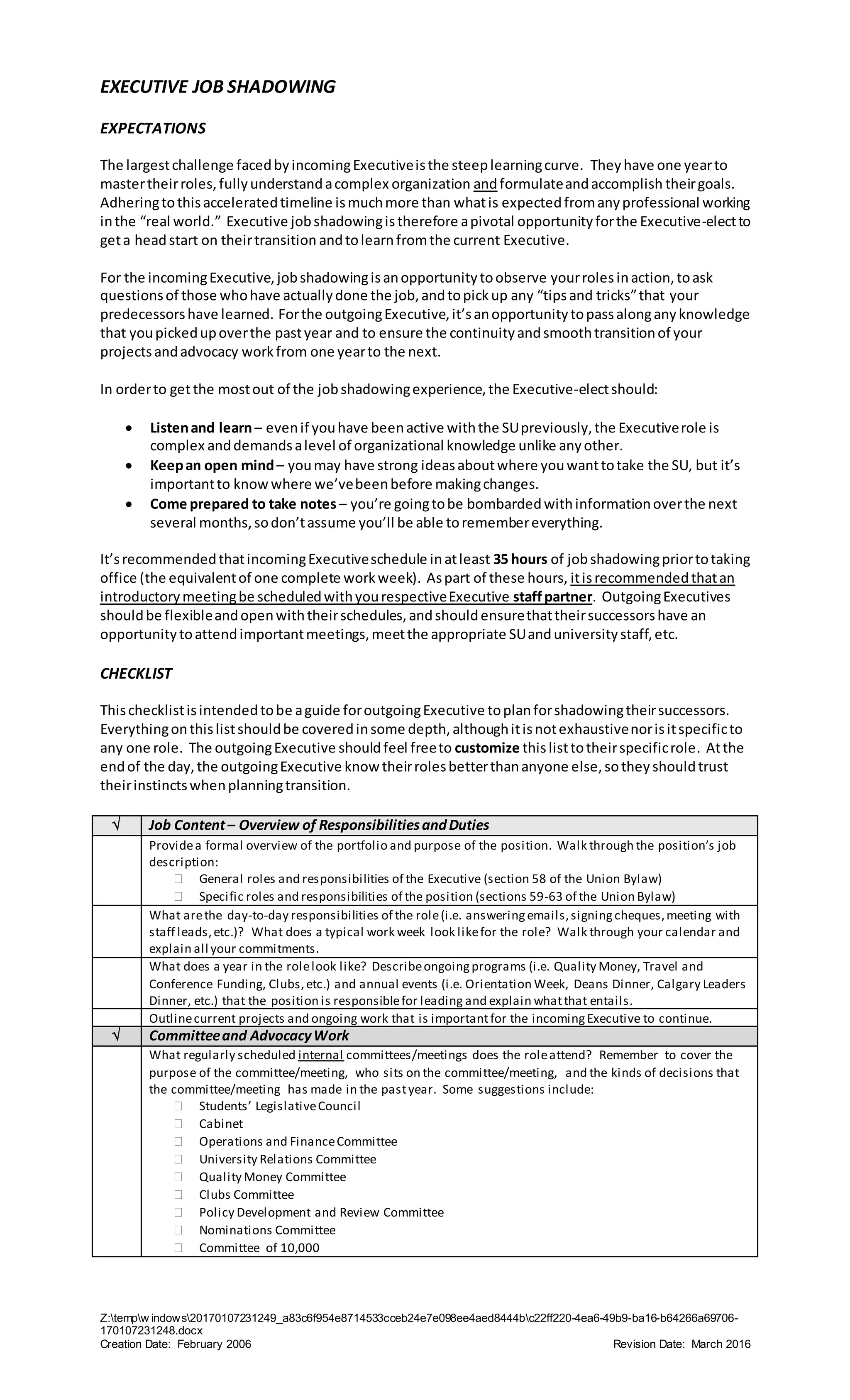 Exec Job Shadow Checklist 2016 | DOCX