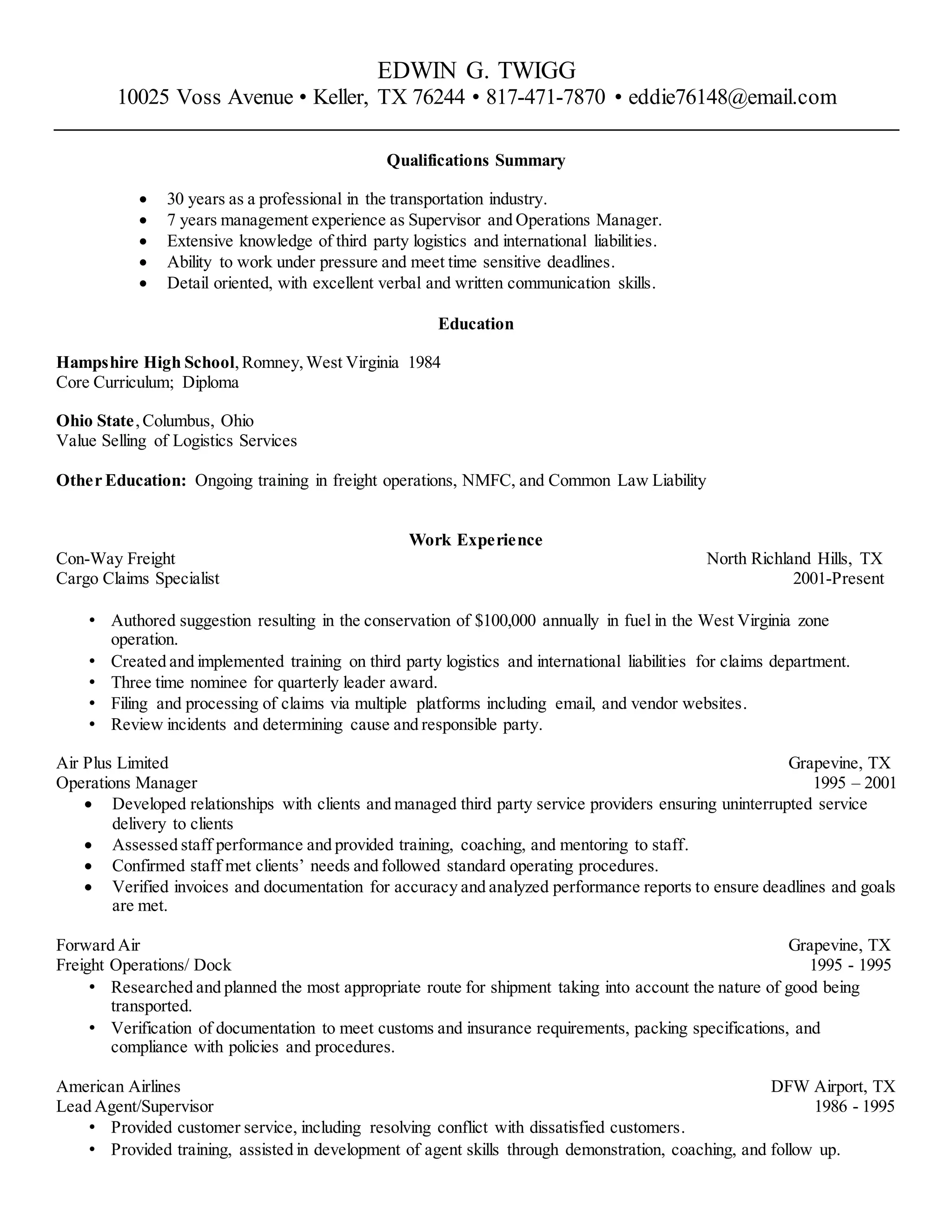 Edwin Twigg Resume | PDF | Aviation Industry | Industries