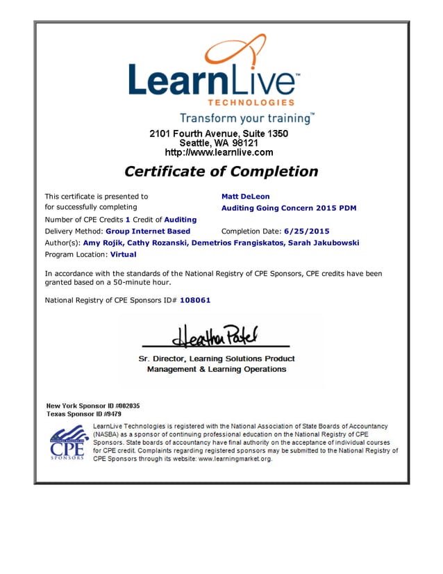 LearnLive Certificate of Completion - Auditing Going Concern 2015 | PDF