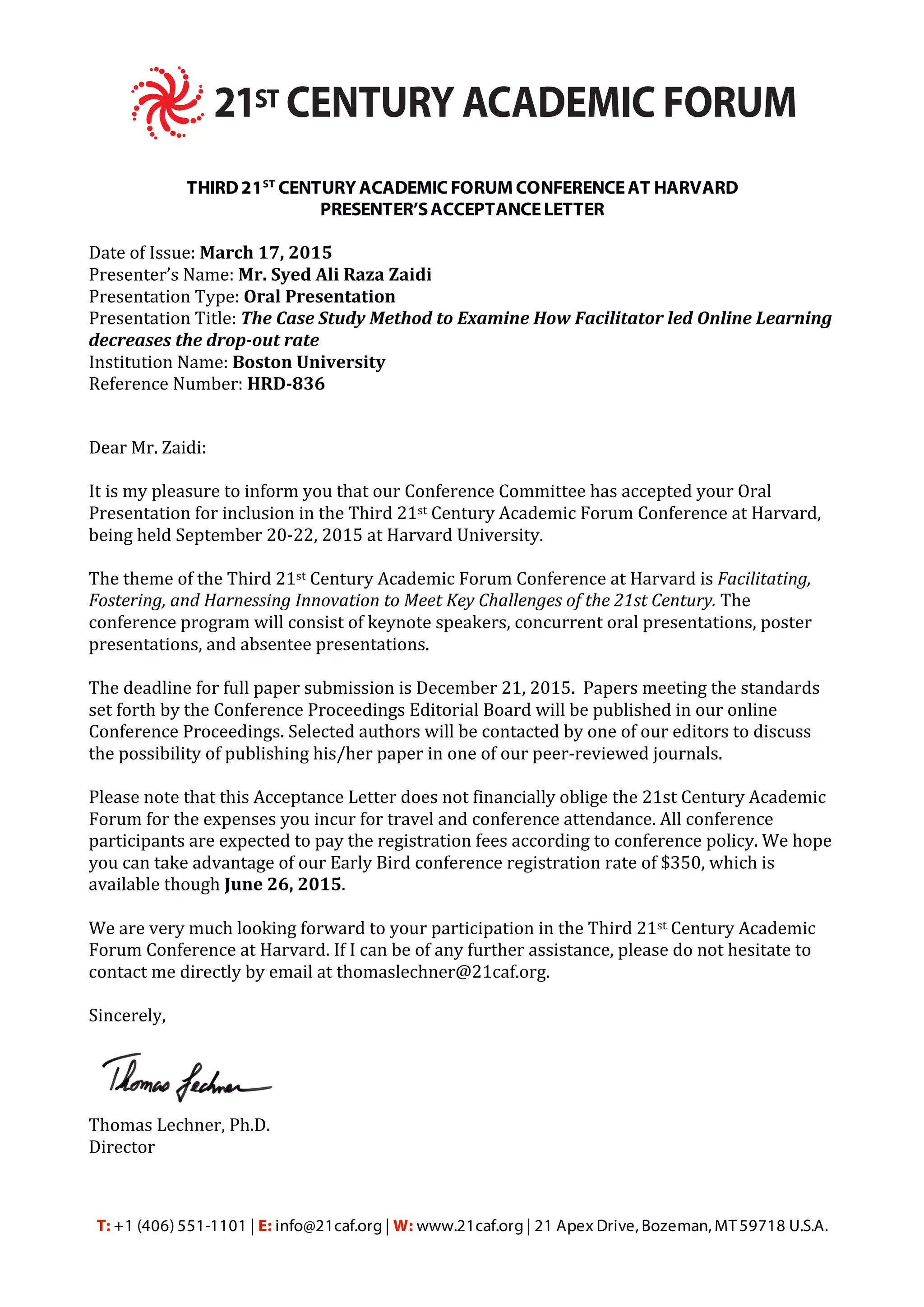 HRD-836 Acceptance Letter | PDF