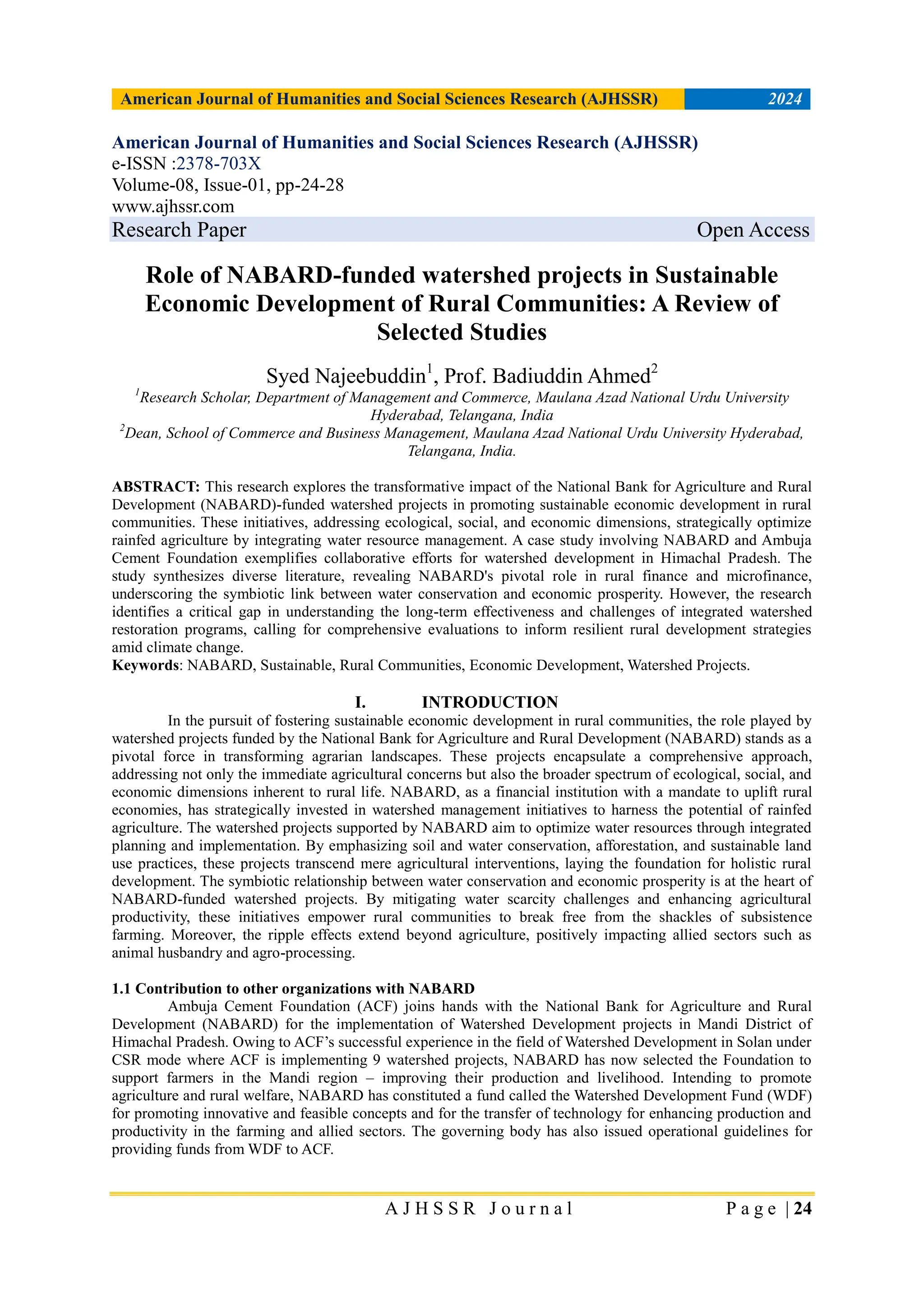 Role of NABARD-funded watershed projects in Sustainable Economic ...