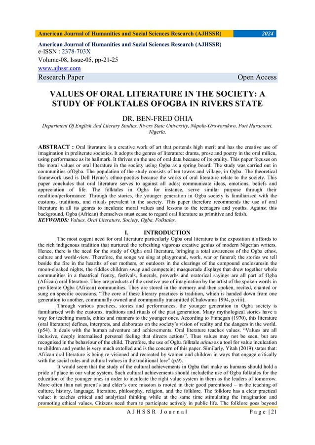 VALUES OF ORAL LITERATURE IN THE SOCIETY: A STUDY OF FOLKTALES OFOGBA ...