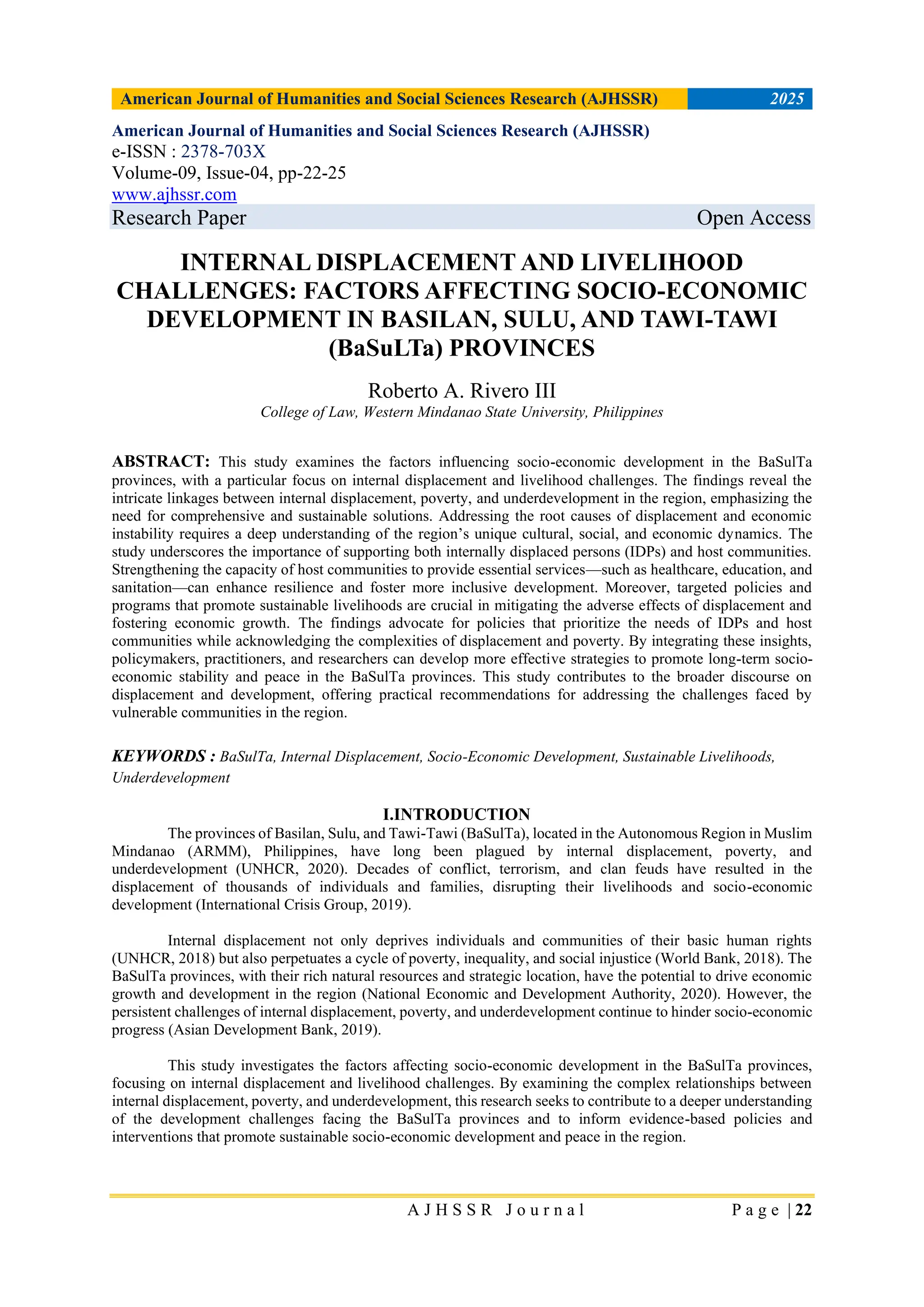 INTERNAL DISPLACEMENT AND LIVELIHOOD CHALLENGES: FACTORS AFFECTING ...