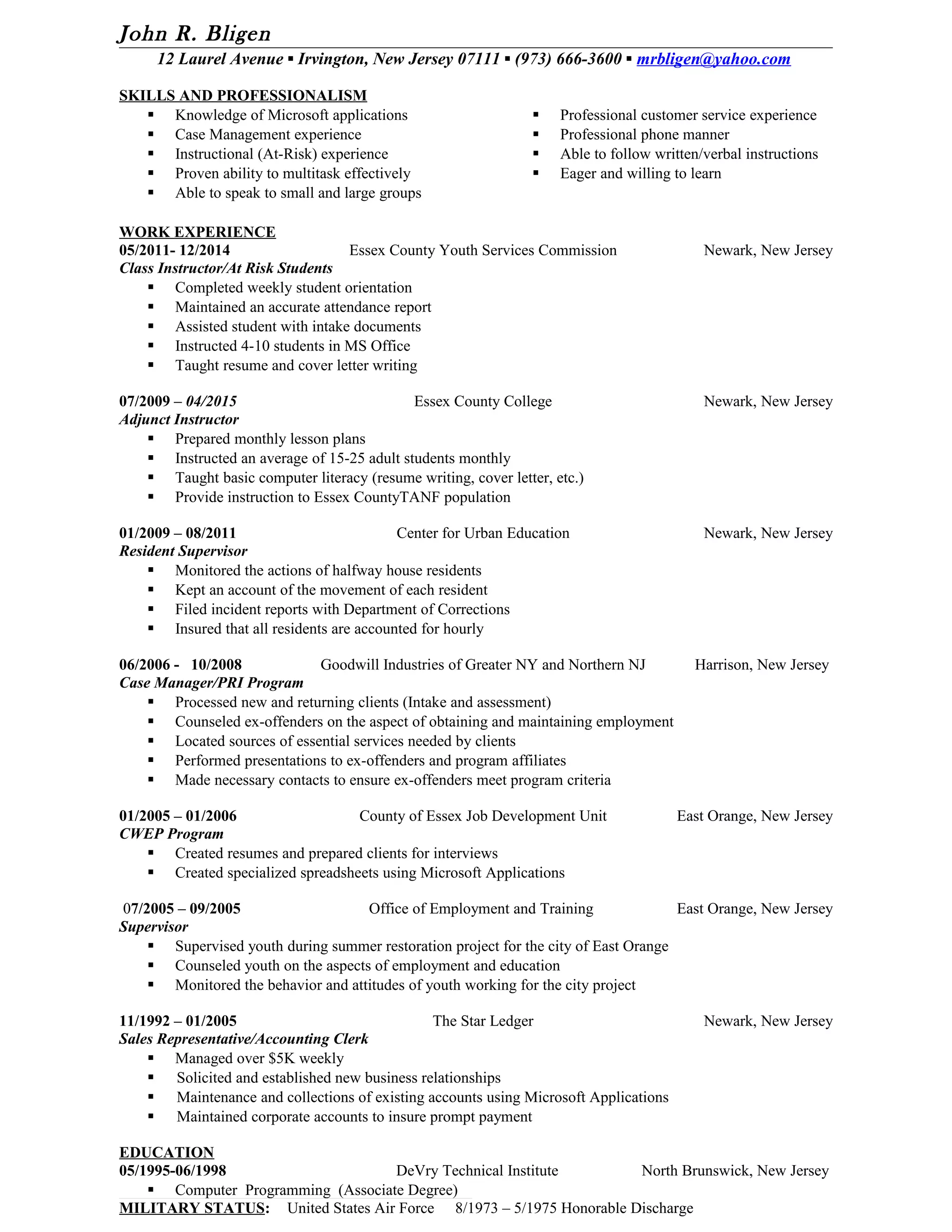 John Bligen resume 4-2015 | DOC | Education