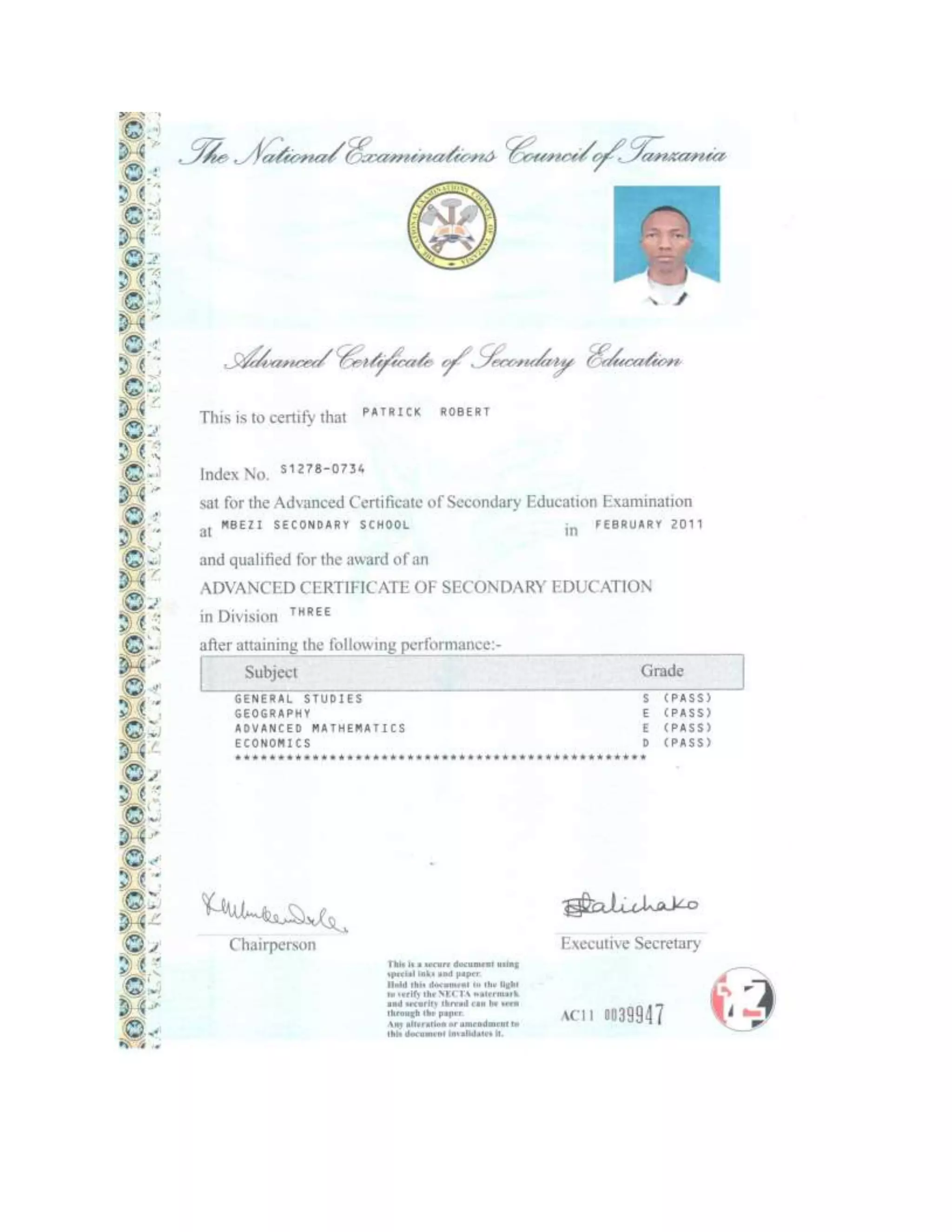 form six certificate | DOCX