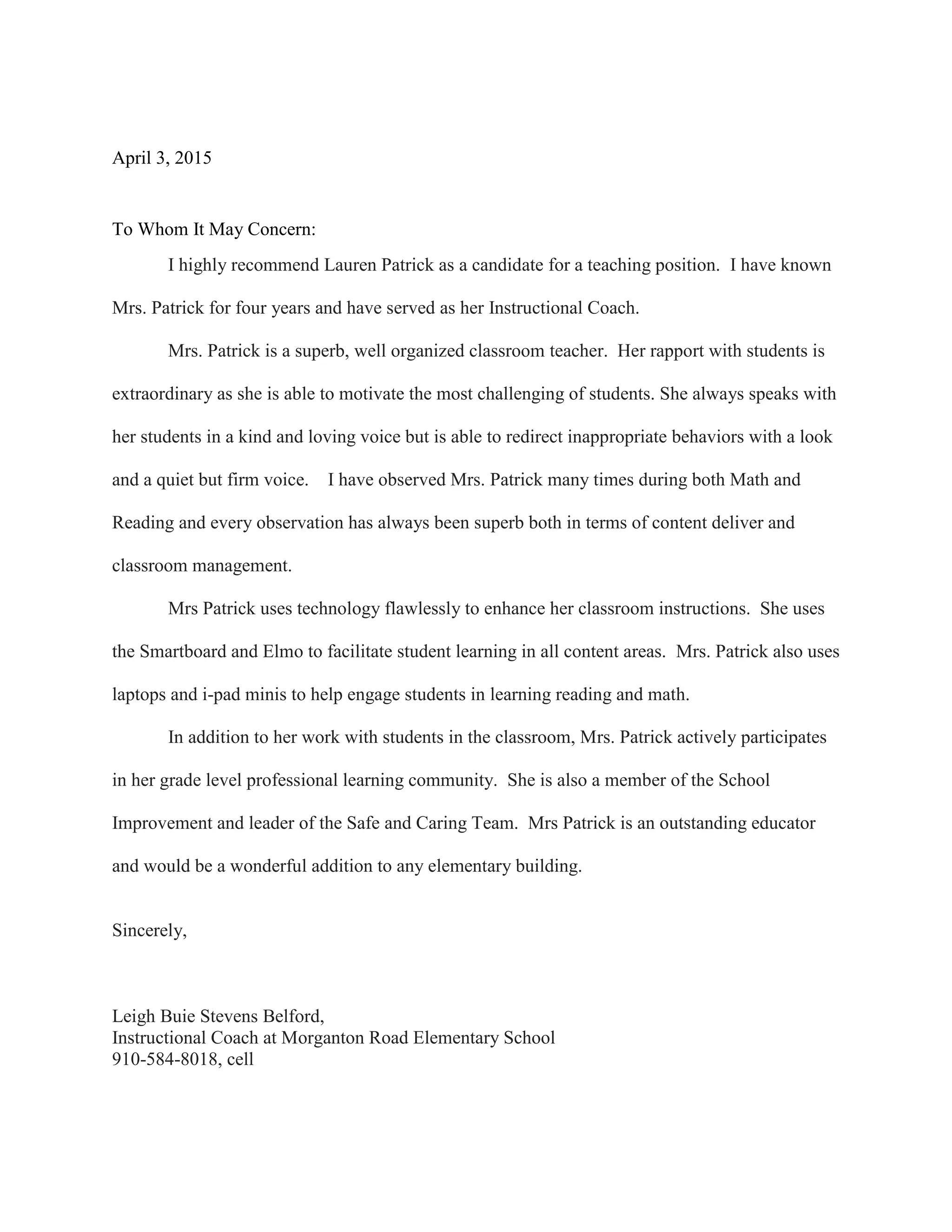 Lauren Patrick Letter of Recommendation 4 | PDF