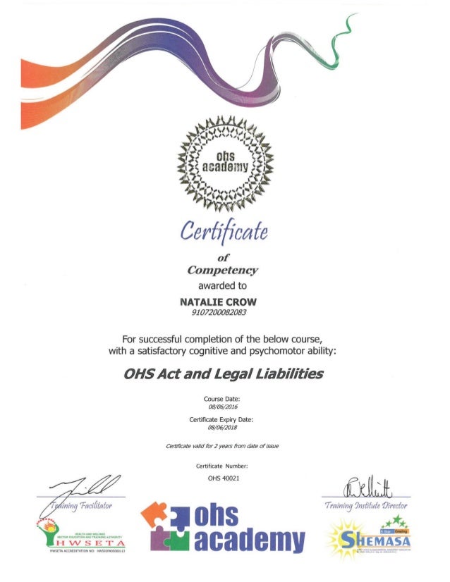 Natalie Crow OHS & Legal Liability Certificate