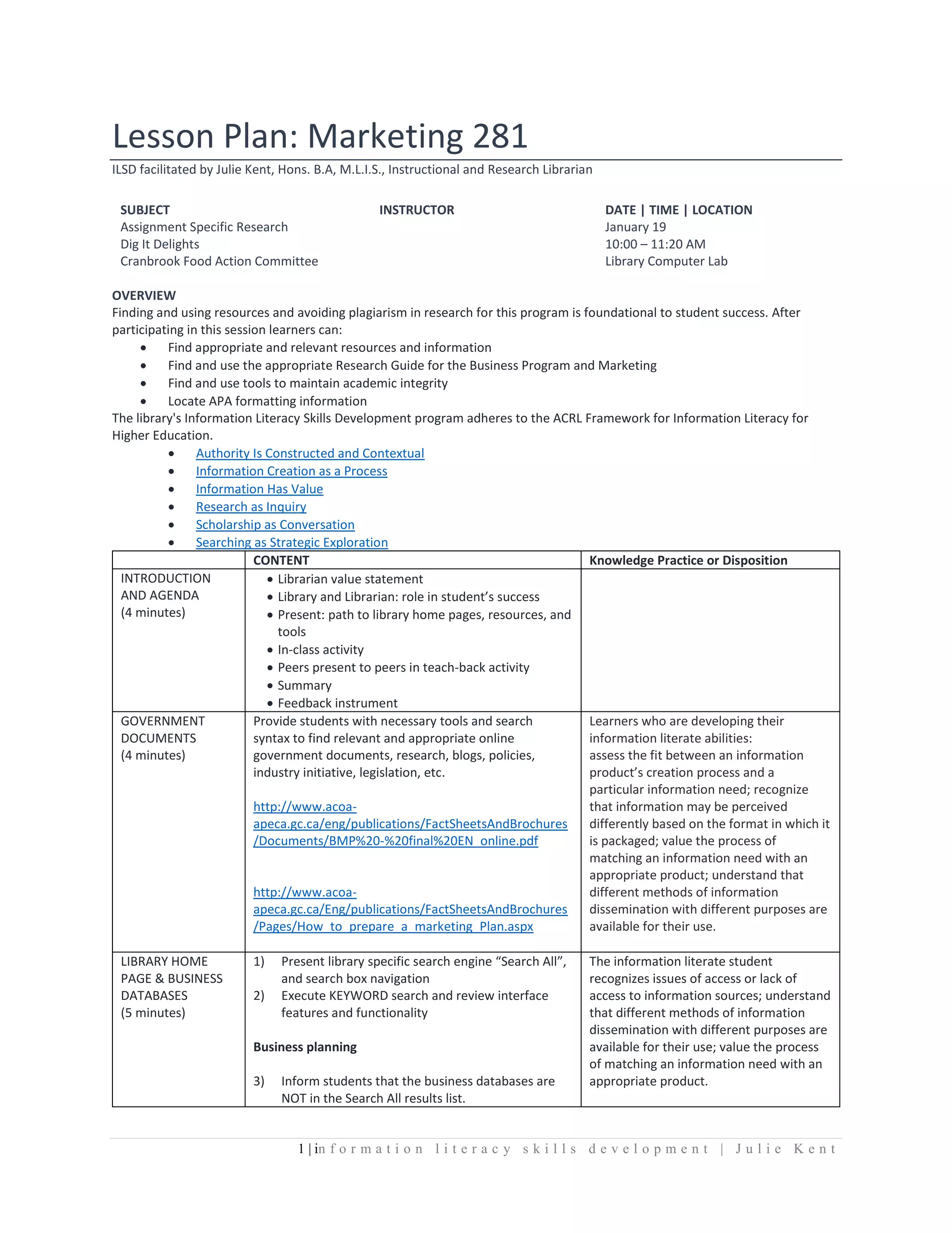 Marketing 281 Jan 2016 Lesson Plan | PDF