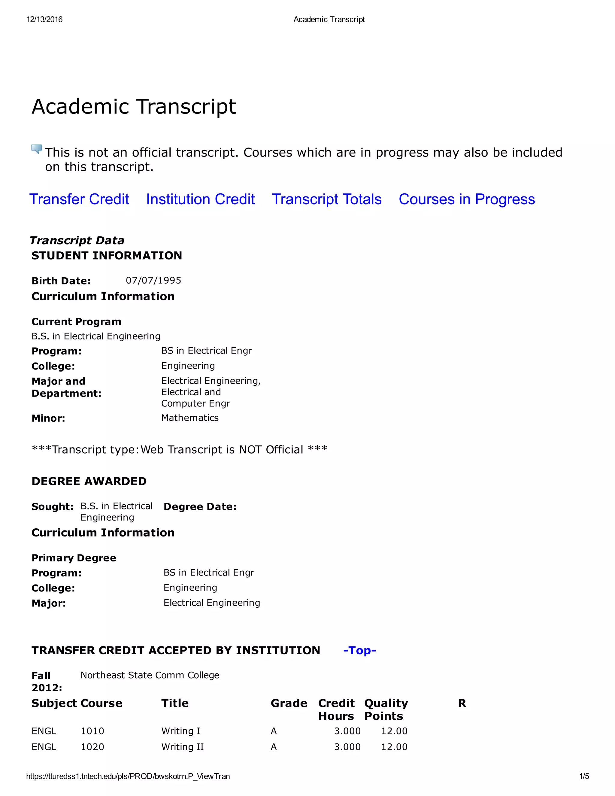 Ryan Flick- Academic Transcript | PDF