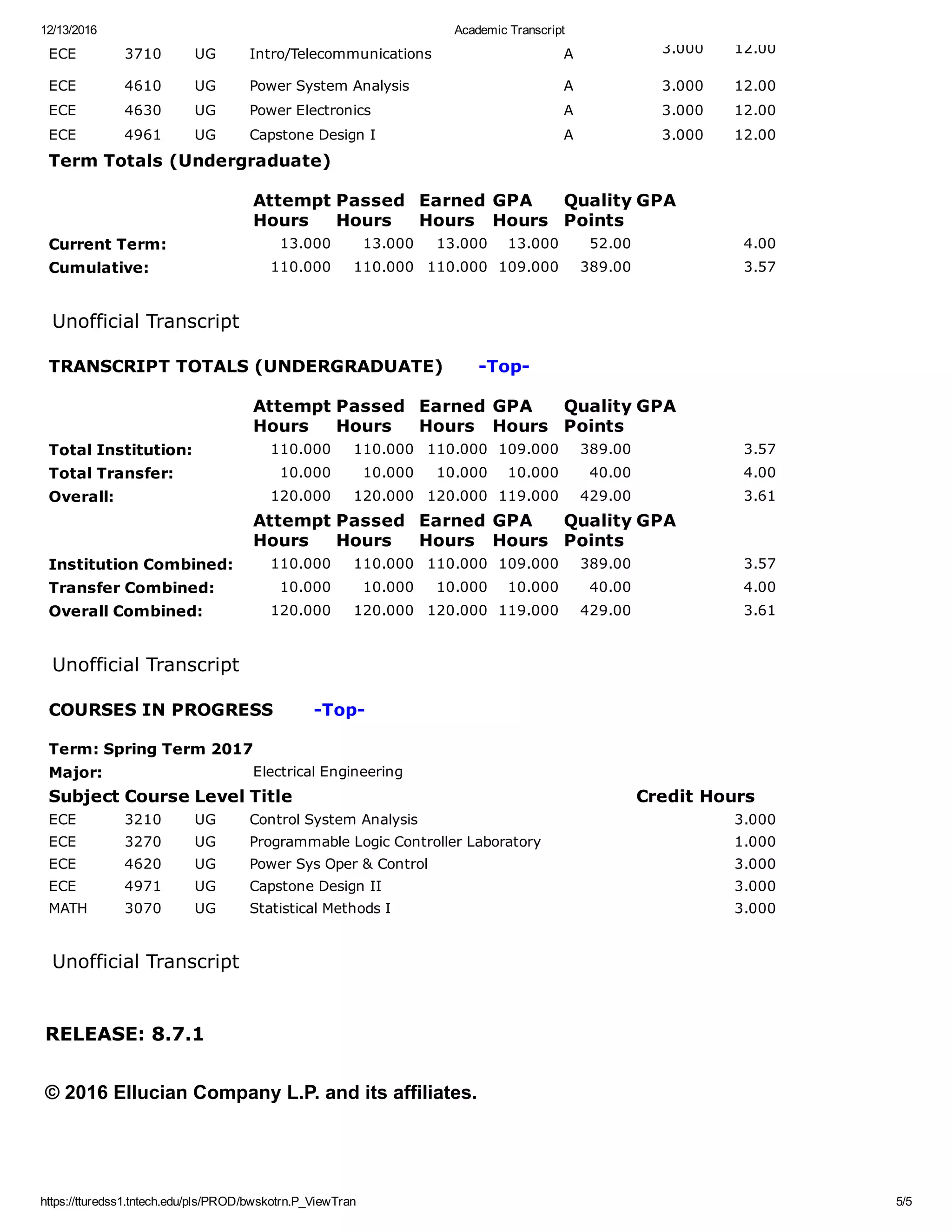 Ryan Flick- Academic Transcript | PDF