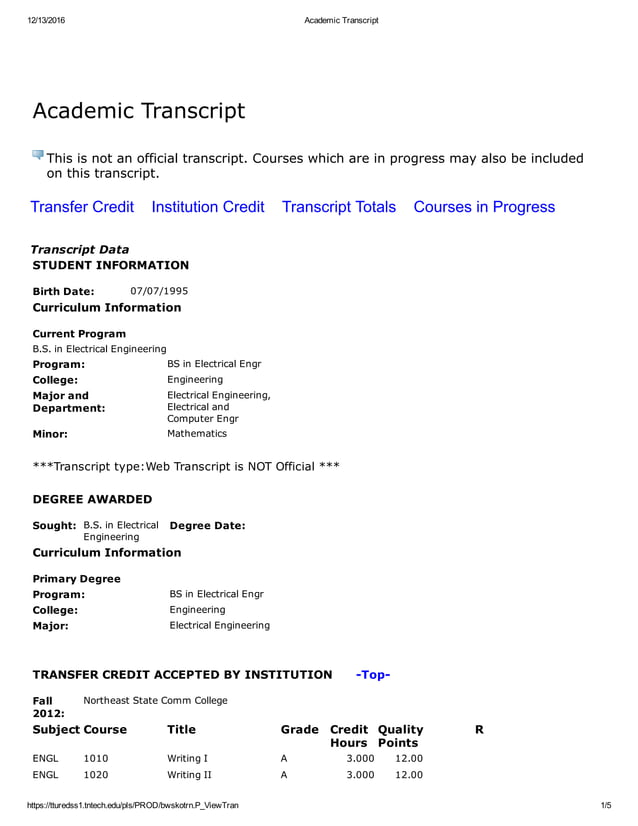Ryan Flick- Academic Transcript | PDF