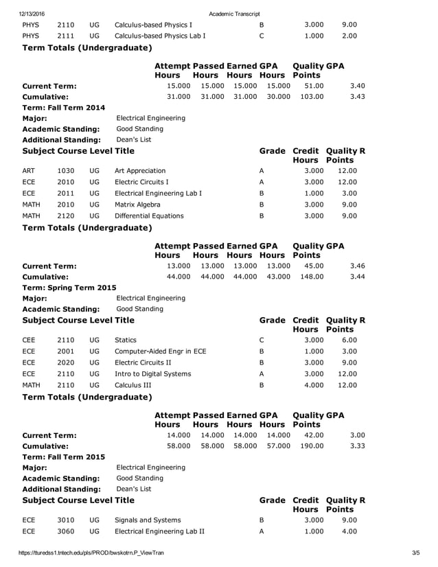 Ryan Flick- Academic Transcript | PDF