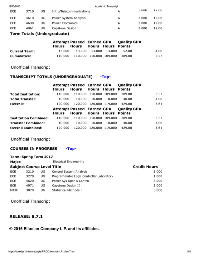 Ryan Flick- Academic Transcript | PDF