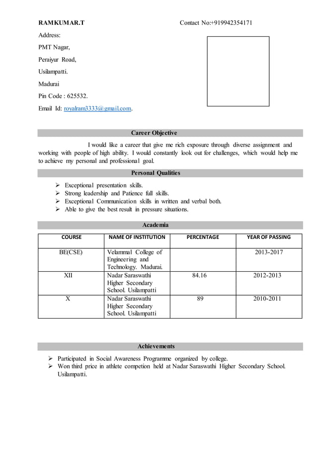 RAMKUMAR RESUME | DOCX | Secondary Education | Education