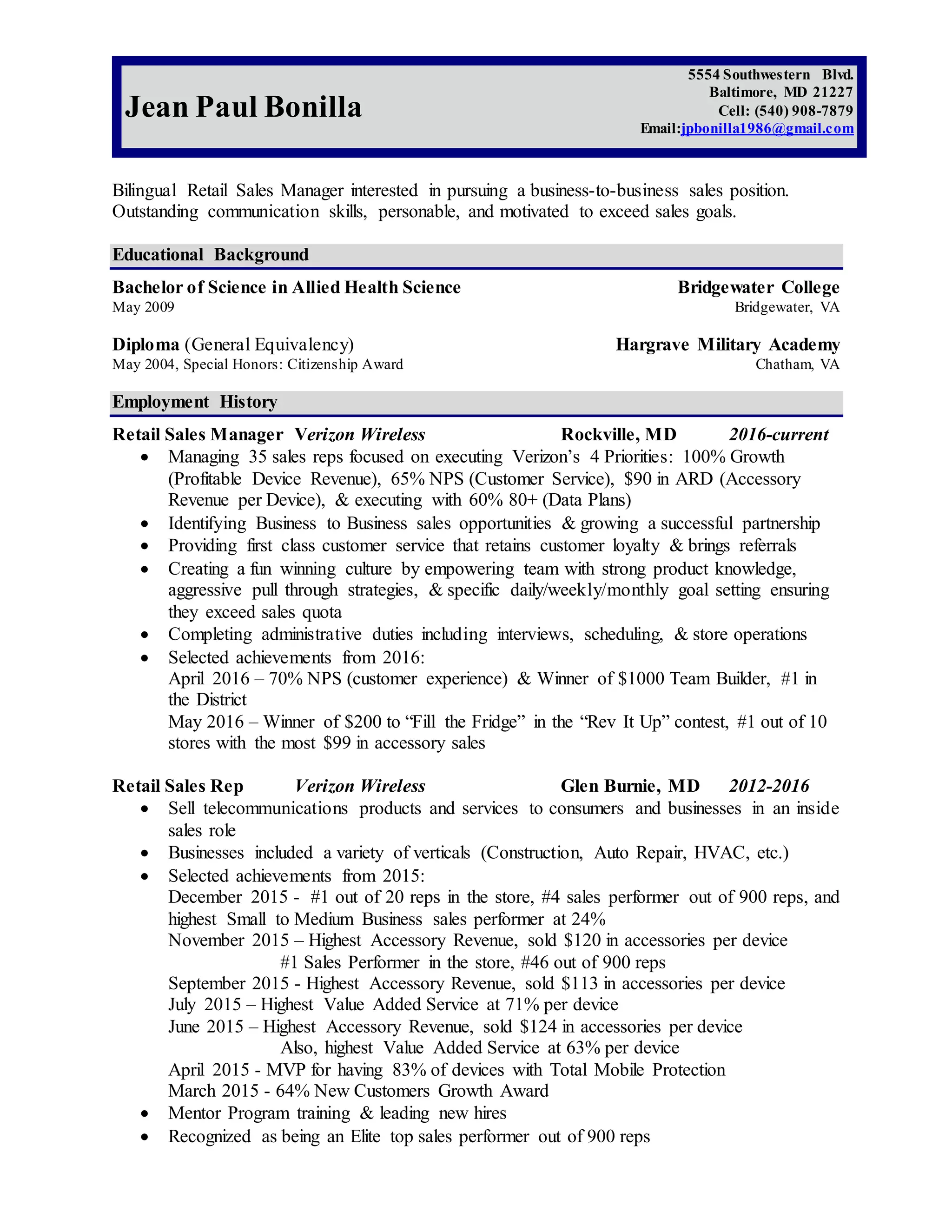 J P Bonilla's Sales Resume 2016 | PDF