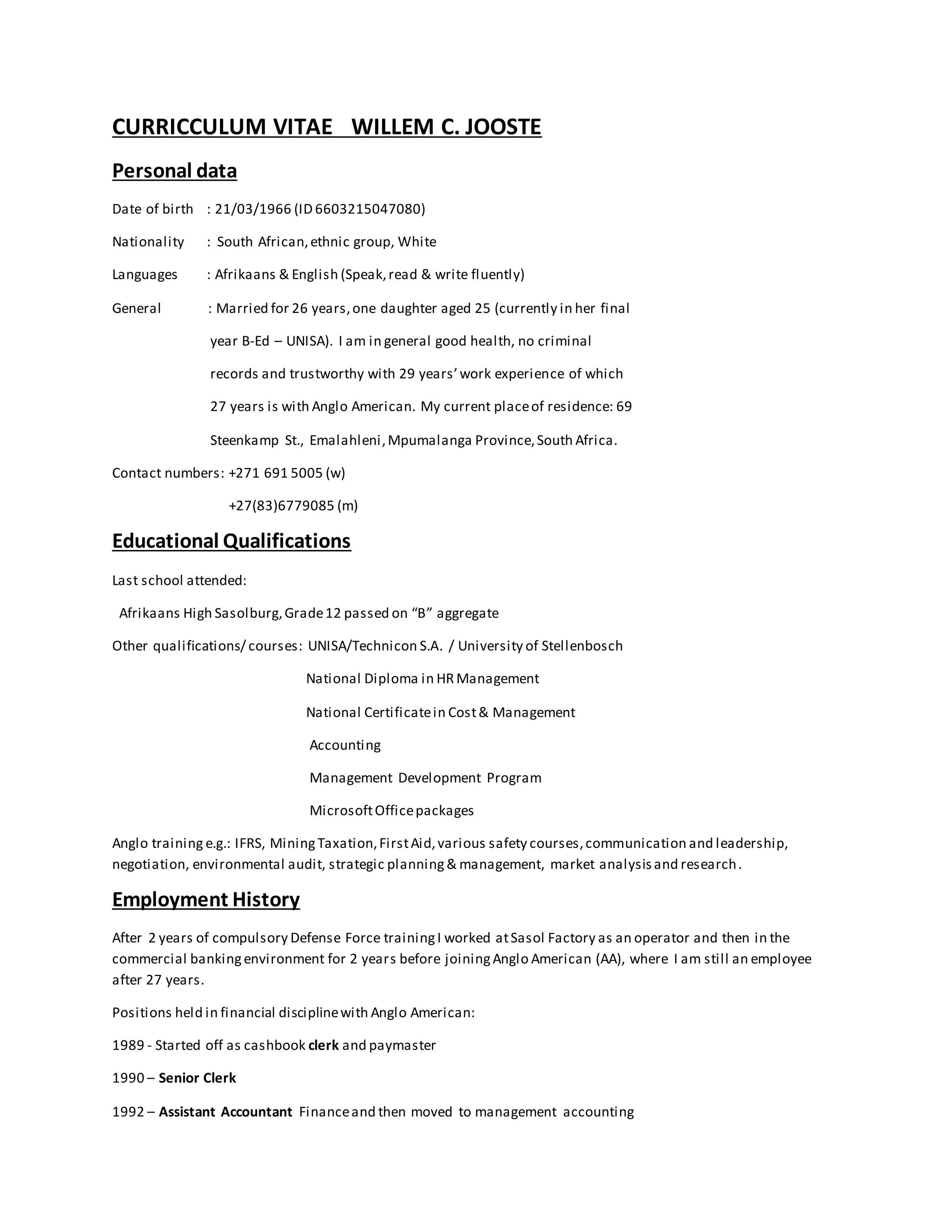 CURRICCULUM VITAE W JOOSTE Jan2016 | DOCX