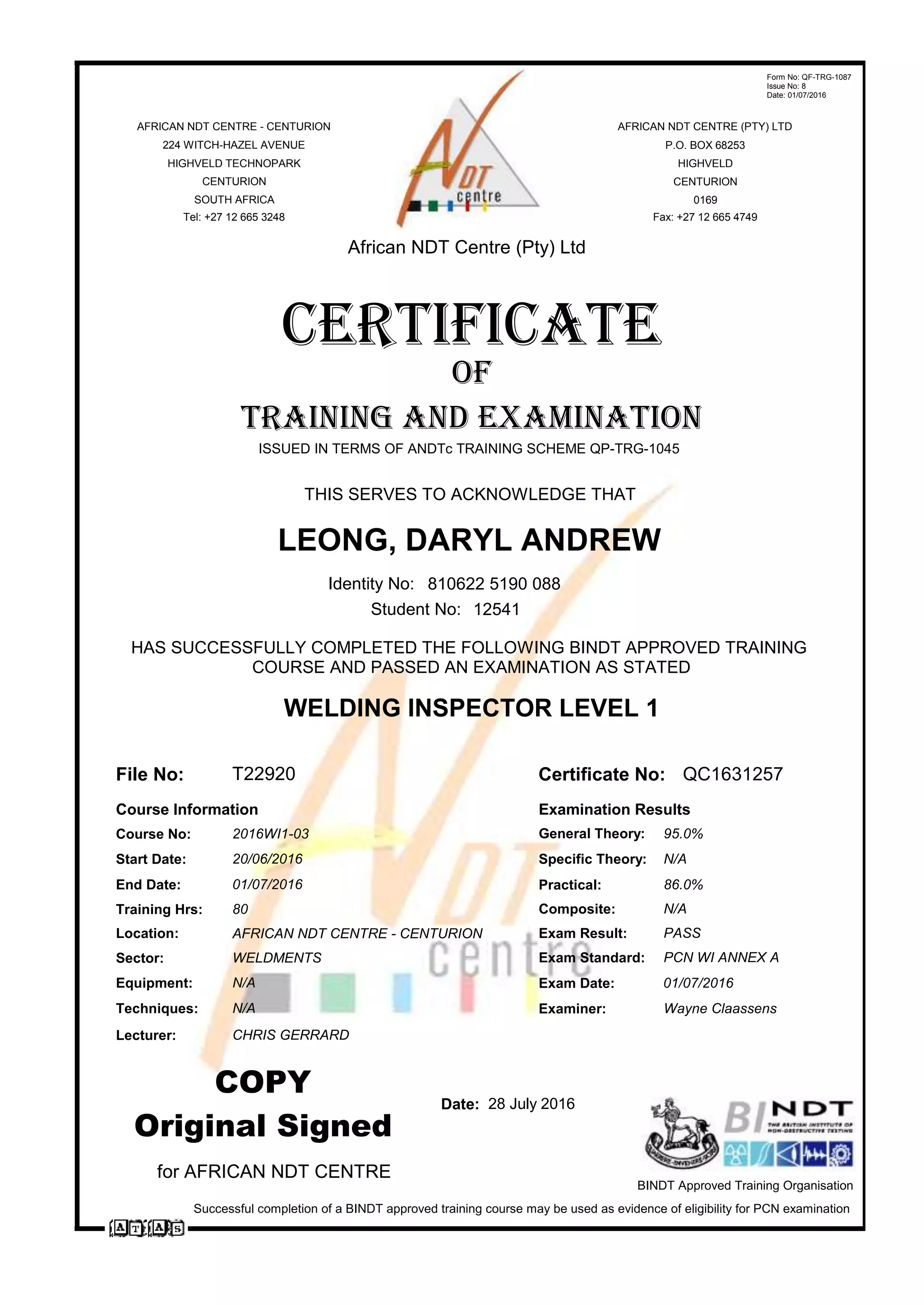 CERTIFICATE OF TRAINING AND EXAMINATION | PDF