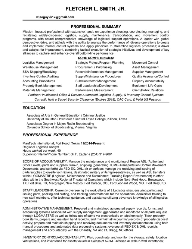 Fletcher L. Smith Professional Logistics Resume (2-25-2015) | DOC