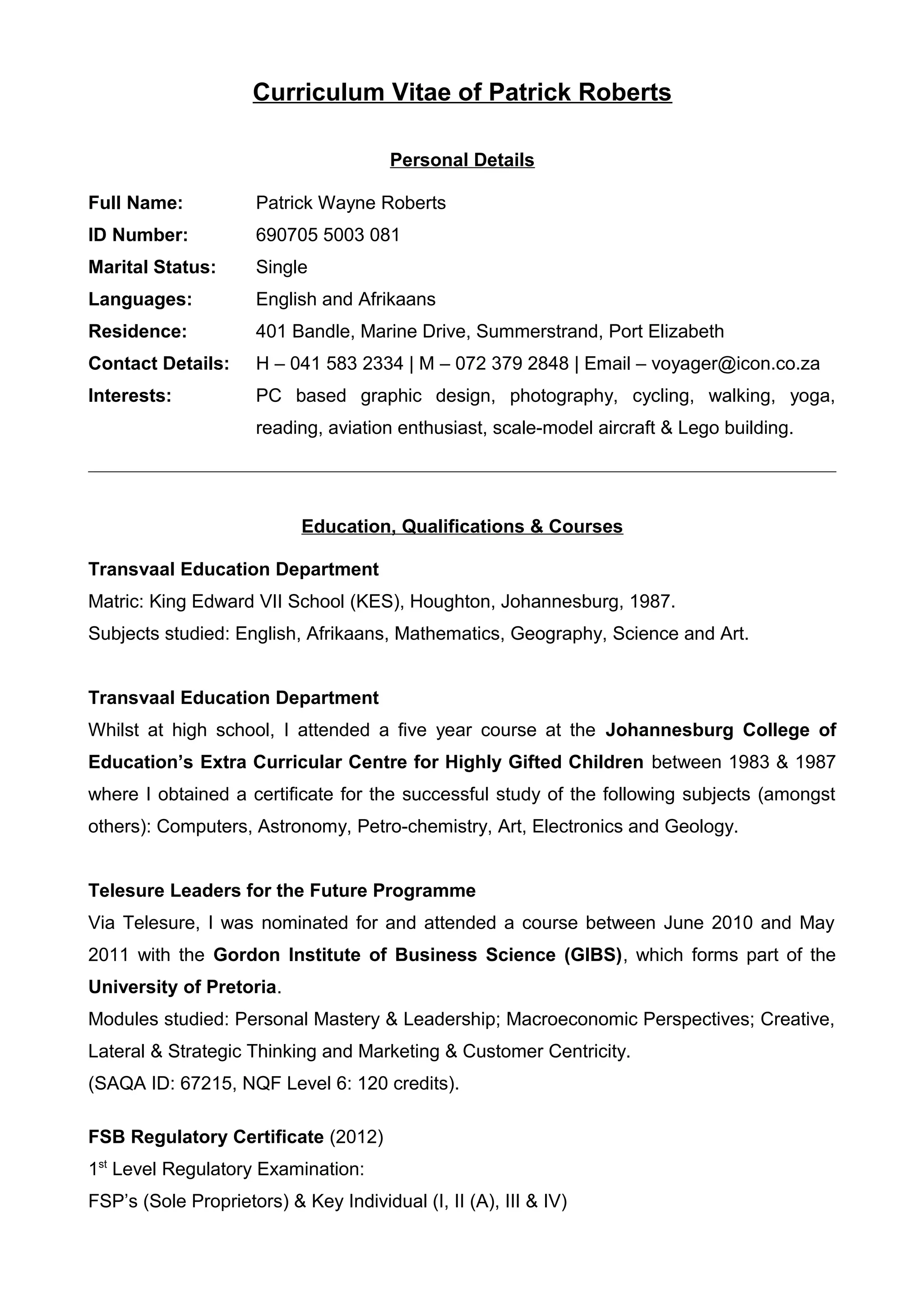 Curriculum Vitae of Patrick Roberts Rev Sept 16 | DOC | Business | Business and Finance