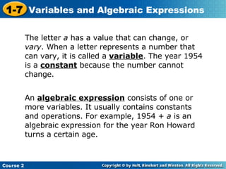 Variable and Algebraic Expressions | PPT