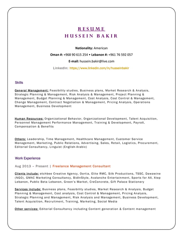 Resume - Hussein Bakir | PDF | Management Consulting Industry | Industries