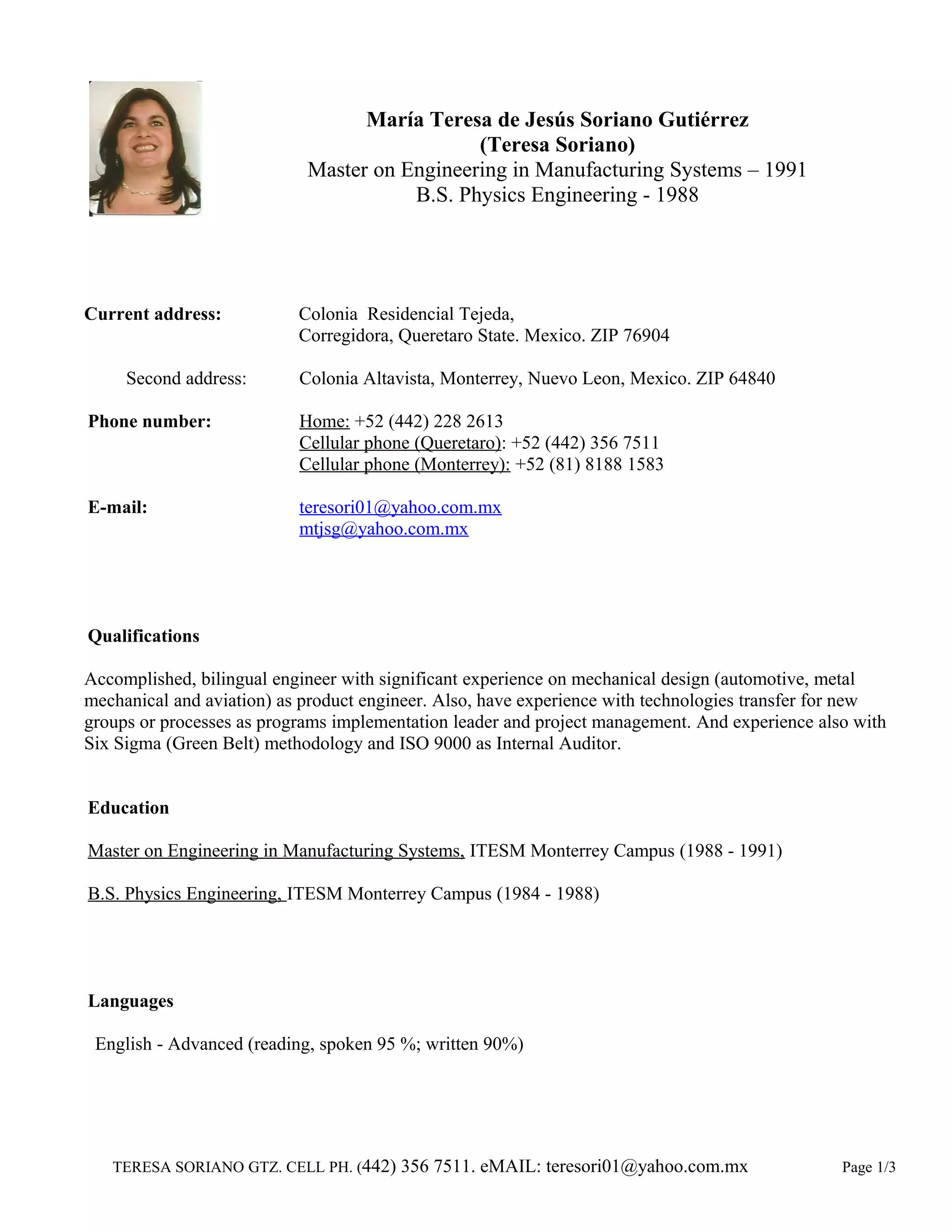 Teresa Soriano ENGLISH CV Dec 2014 for USA | DOC