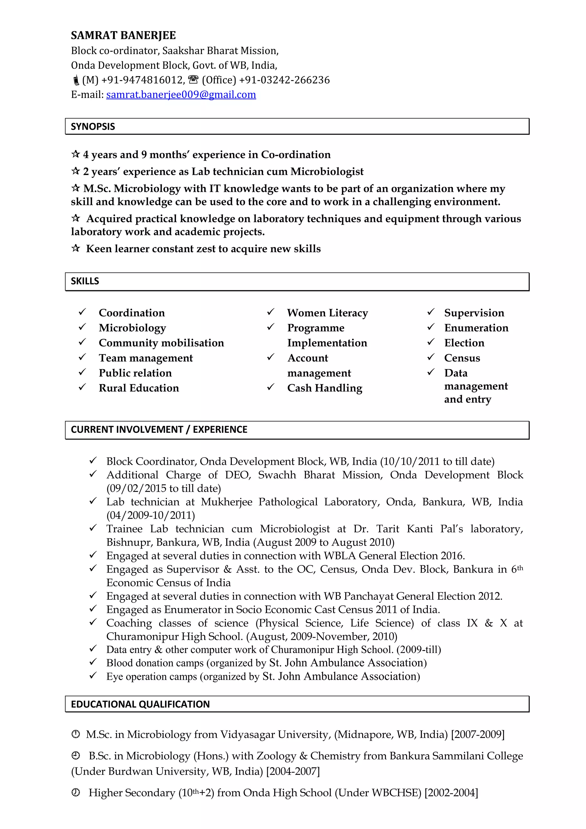 SAMRAT BANERJEE COORDINATOR CV | PDF