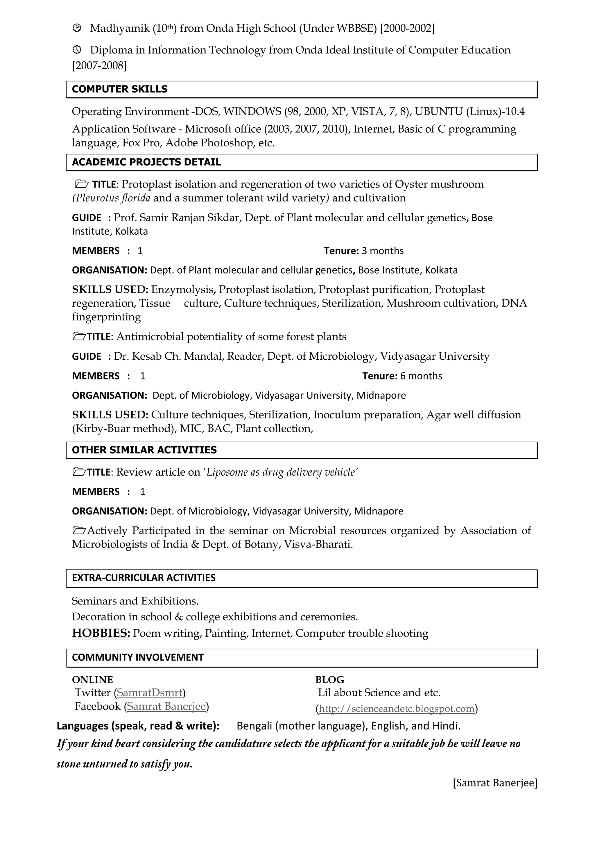 SAMRAT BANERJEE COORDINATOR CV | PDF