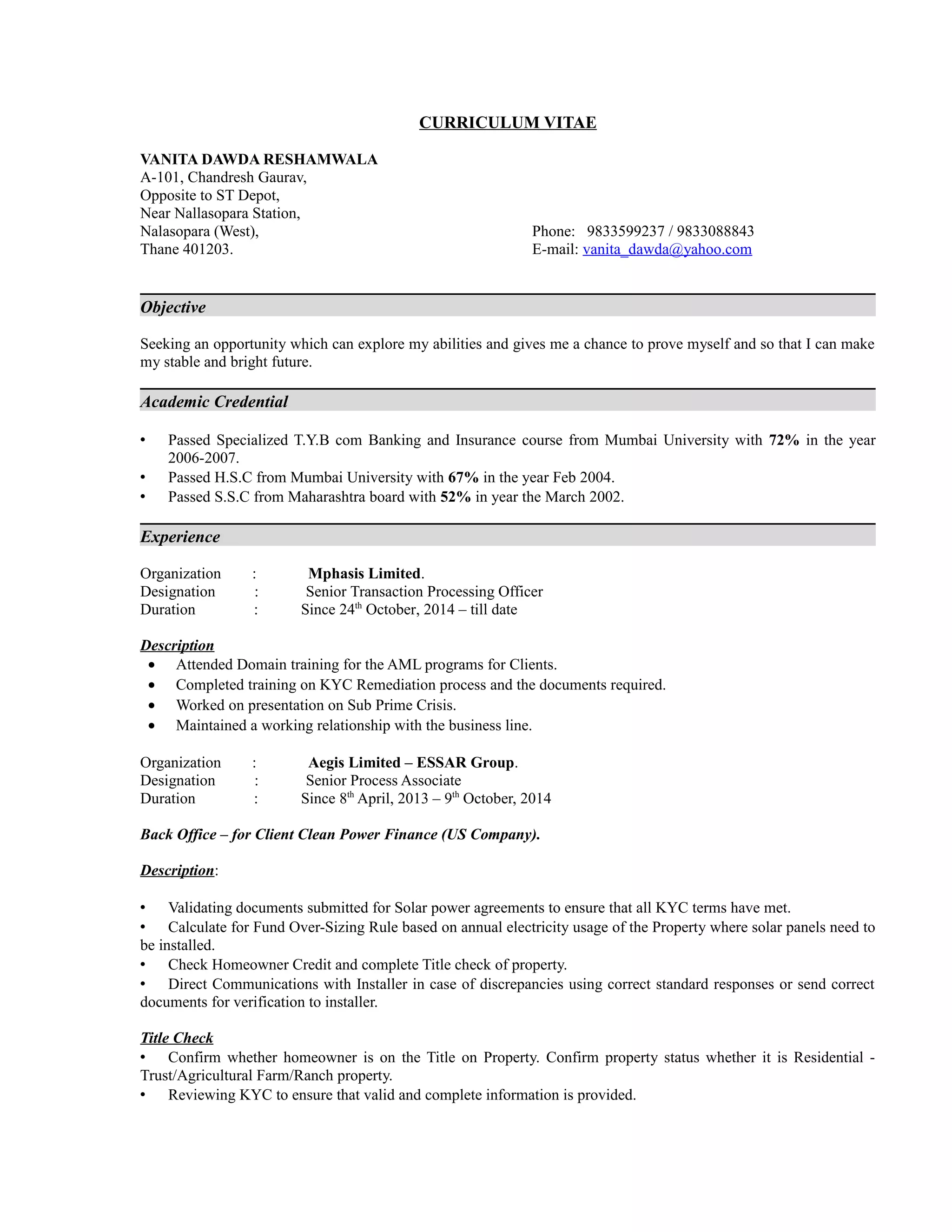 Vanita Resume_kyc | DOC