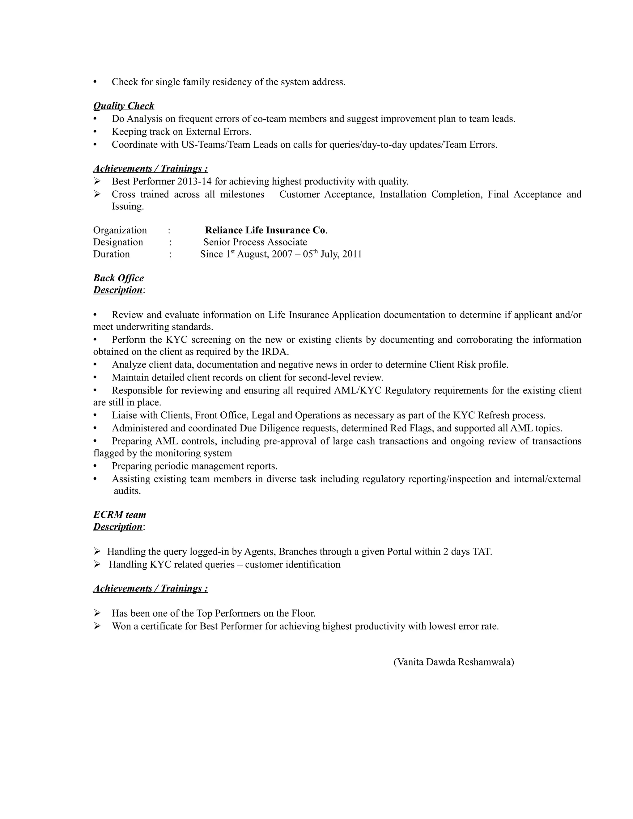 Vanita Resume_kyc | DOC