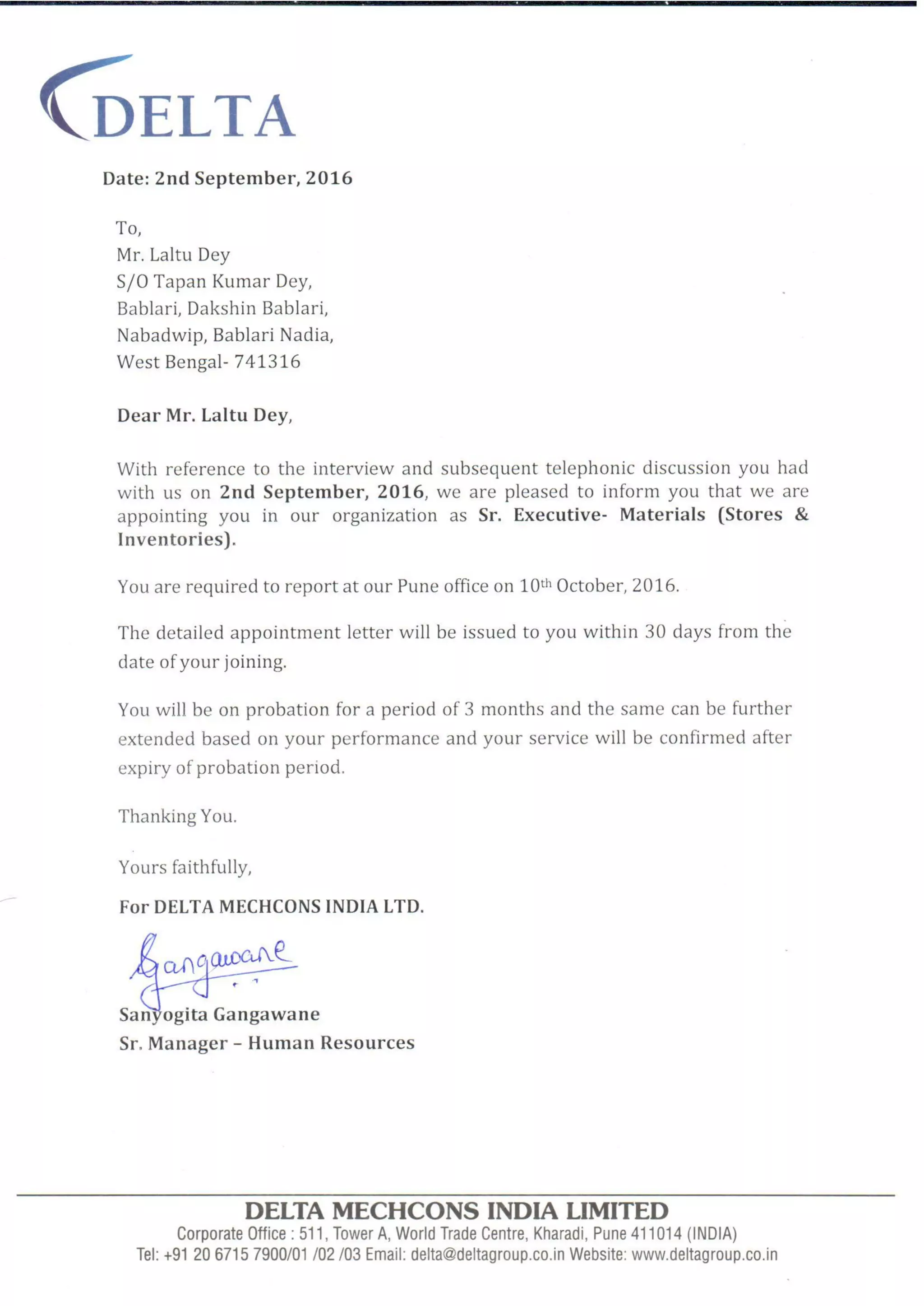 Laltu Dey - Offer Letter | PDF