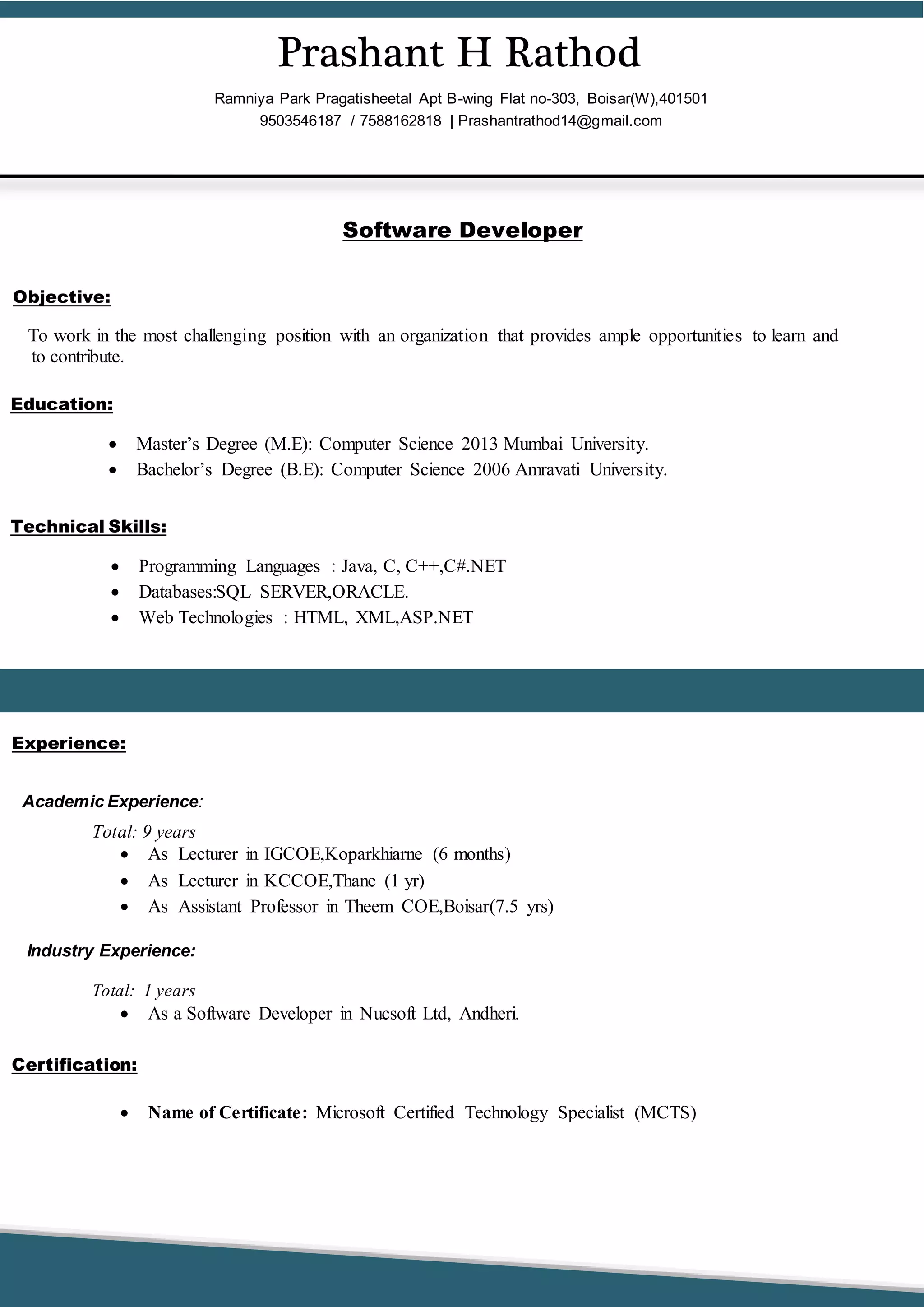 Prashant Rathod Resume | DOCX | Computer Software and Applications | Computing