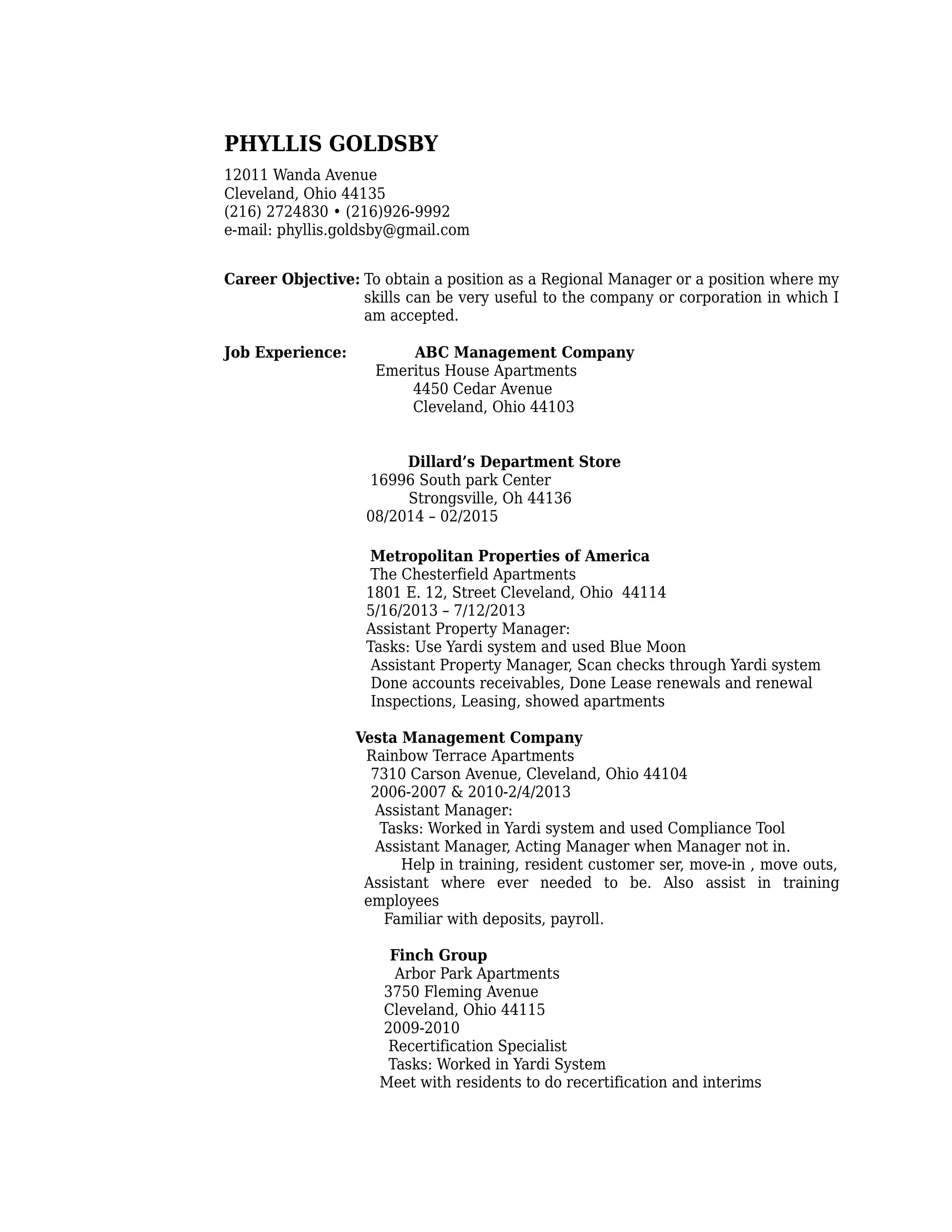 Phyllis Goldsby Resume 1 | PDF | Free Download
