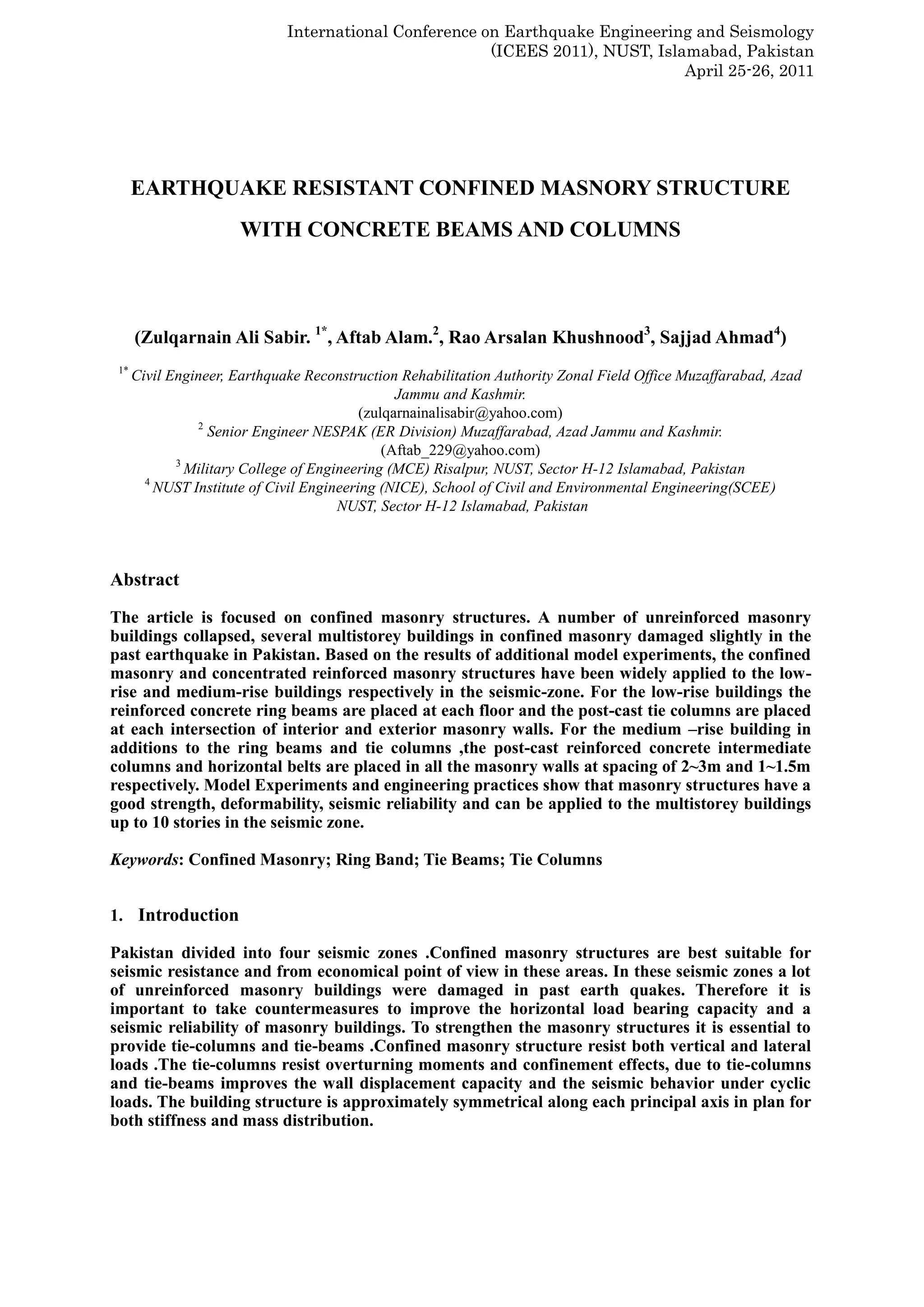Earthquake resistant confined masonry structure with concrete beams and ...