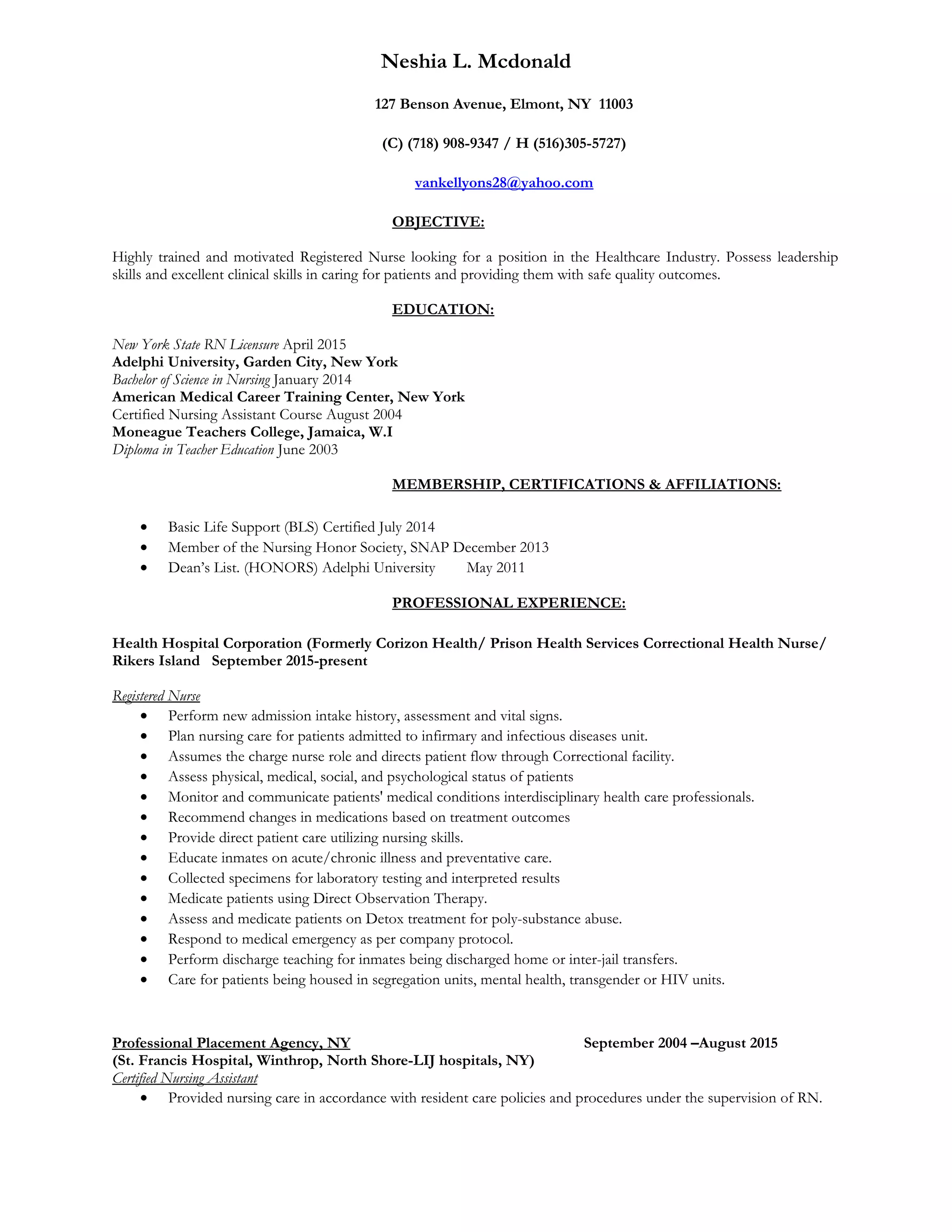 Neshia Mcdonald 2016 resume | DOC | Healthcare Industry | Industries