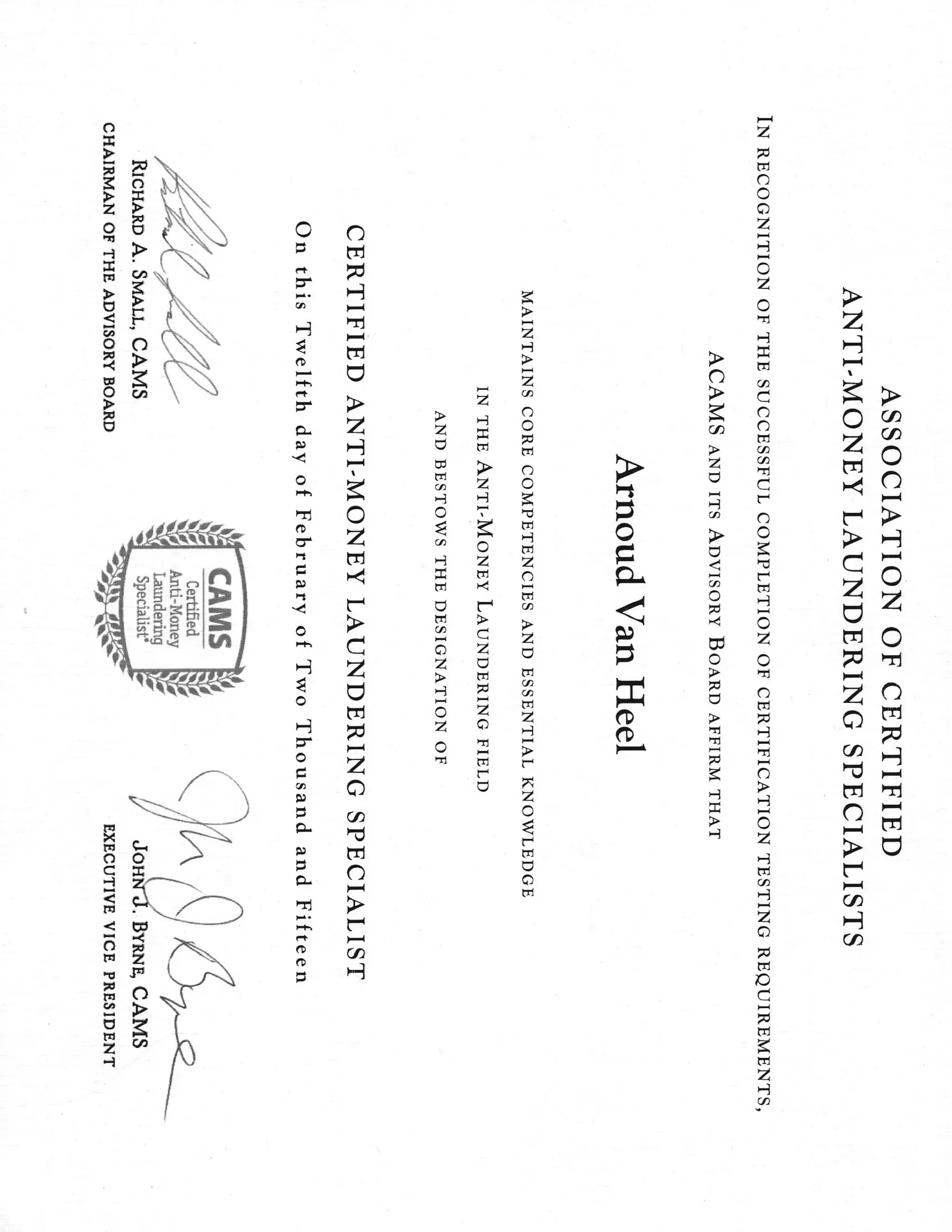 CAMS Certification Arnoud van Heel | PDF