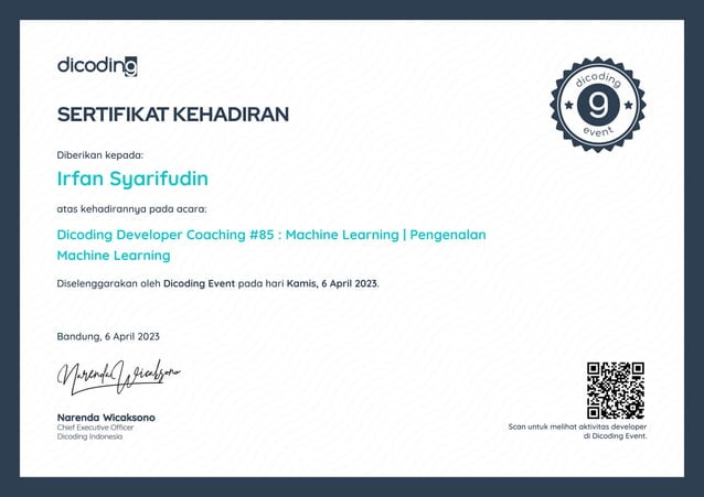 Dicoding Developer Coaching 85 Machine Learning Pengenalan Machine Learning Certificate | PDF